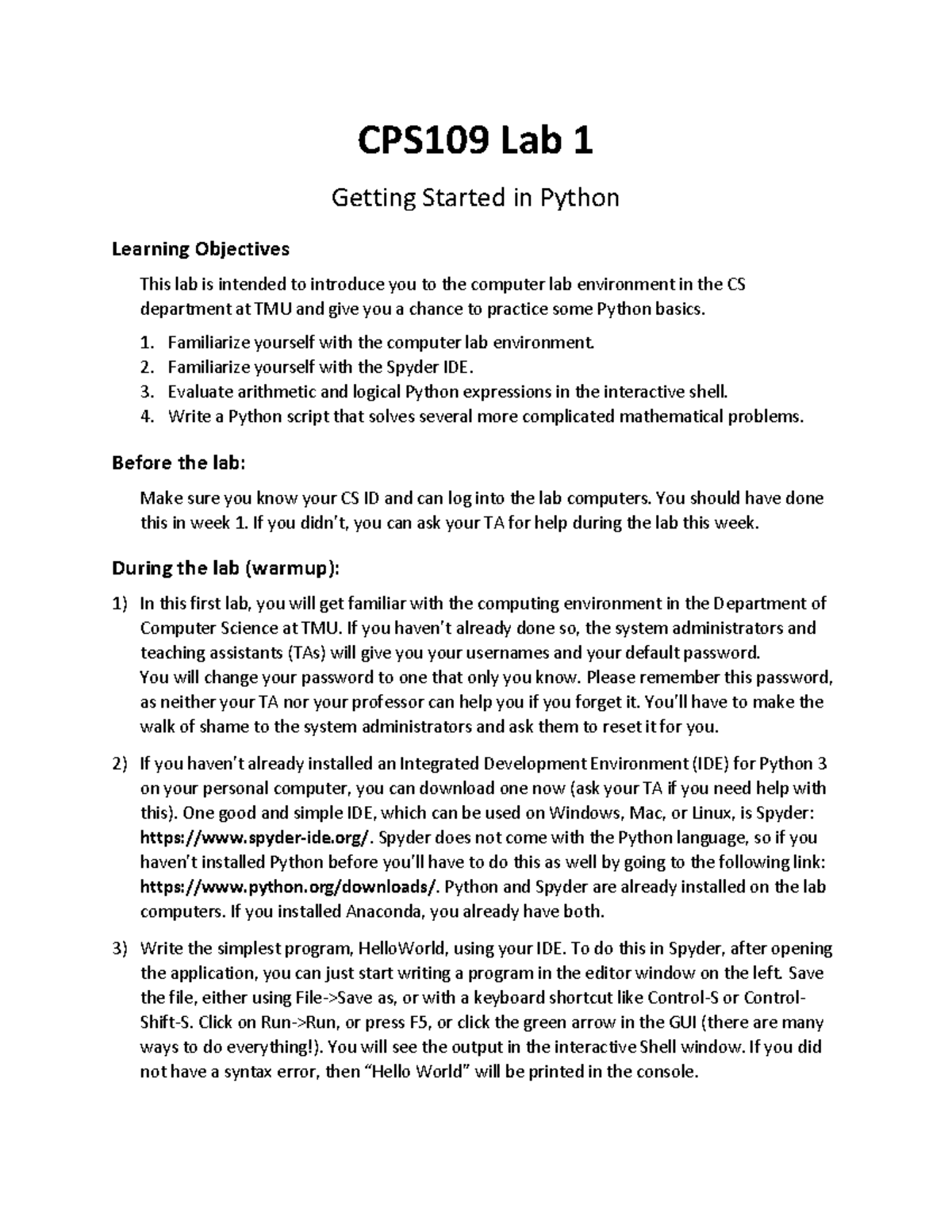 Cps109 lab1 - lab 1 - CPS109 Lab 1 Getting Started in Python Learning Objectives This lab is ...