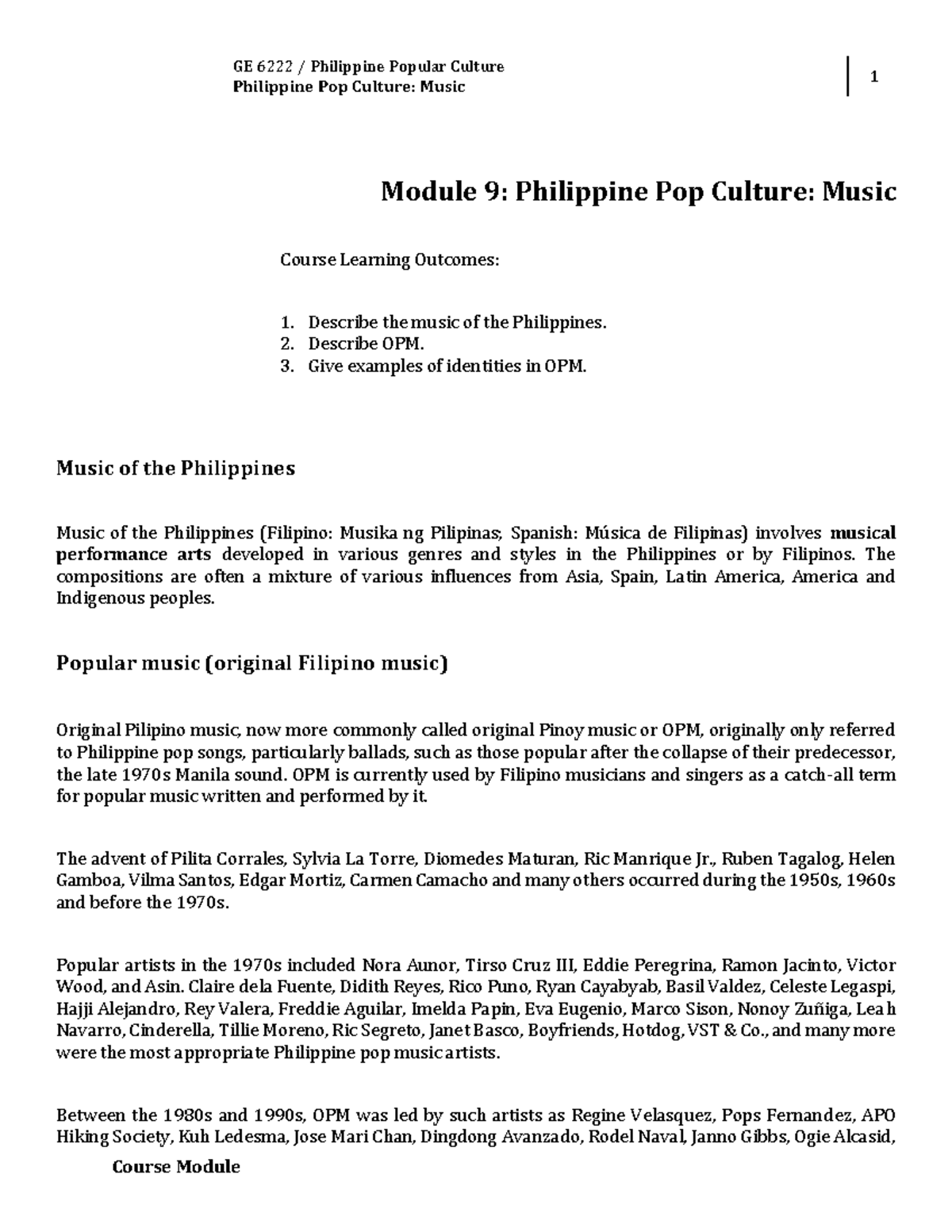 W7-Module-009 Philippine Pop Culture Music - GE 6222 / Philippine Popular Culture Philippine Pop ...