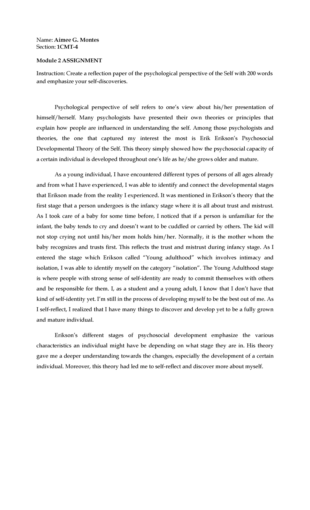 Assignment Module 2 - Create a reflection paper of the psychological ...