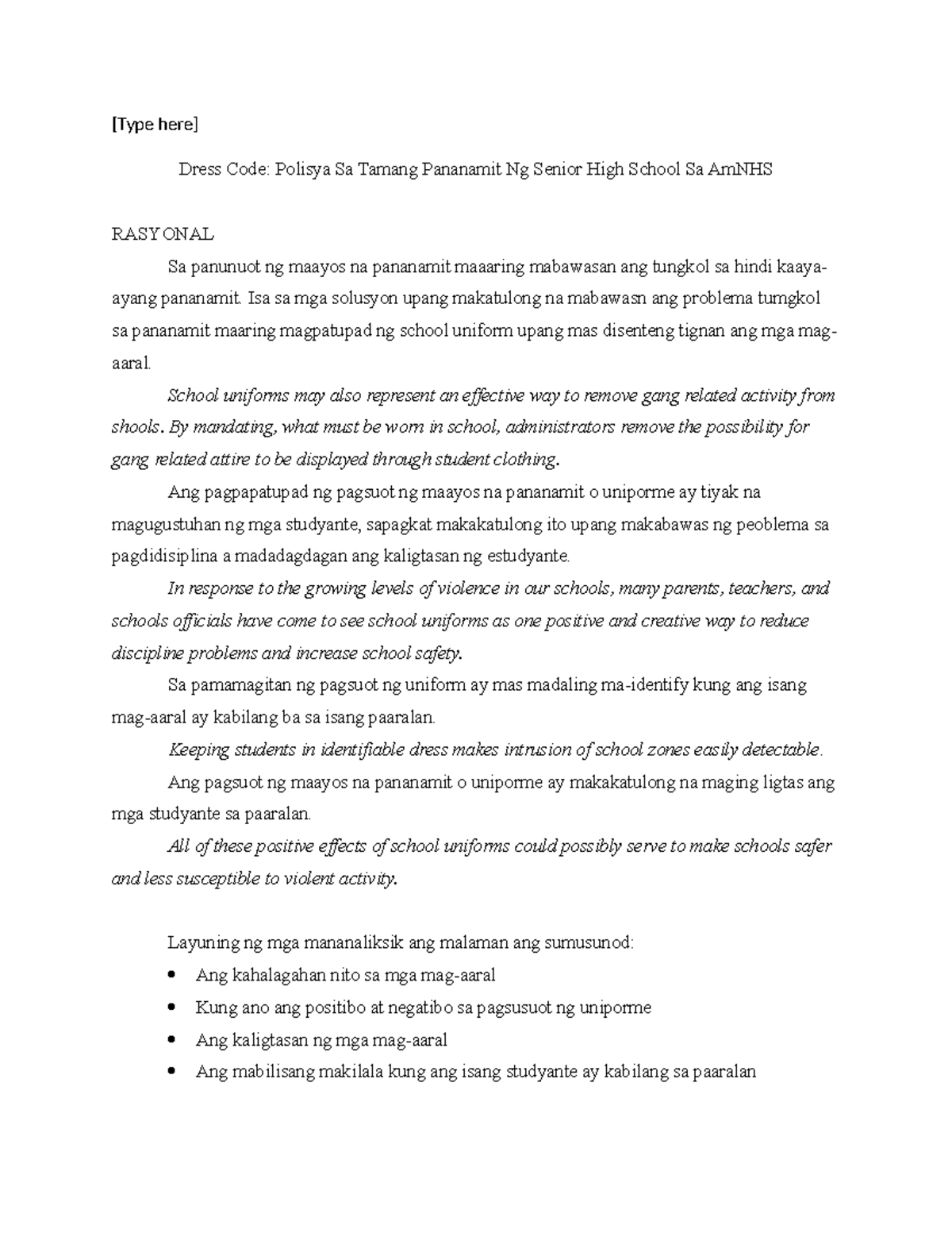 Dress Code - for my presentation - [Type here] Dress Code: Polisya Sa ...