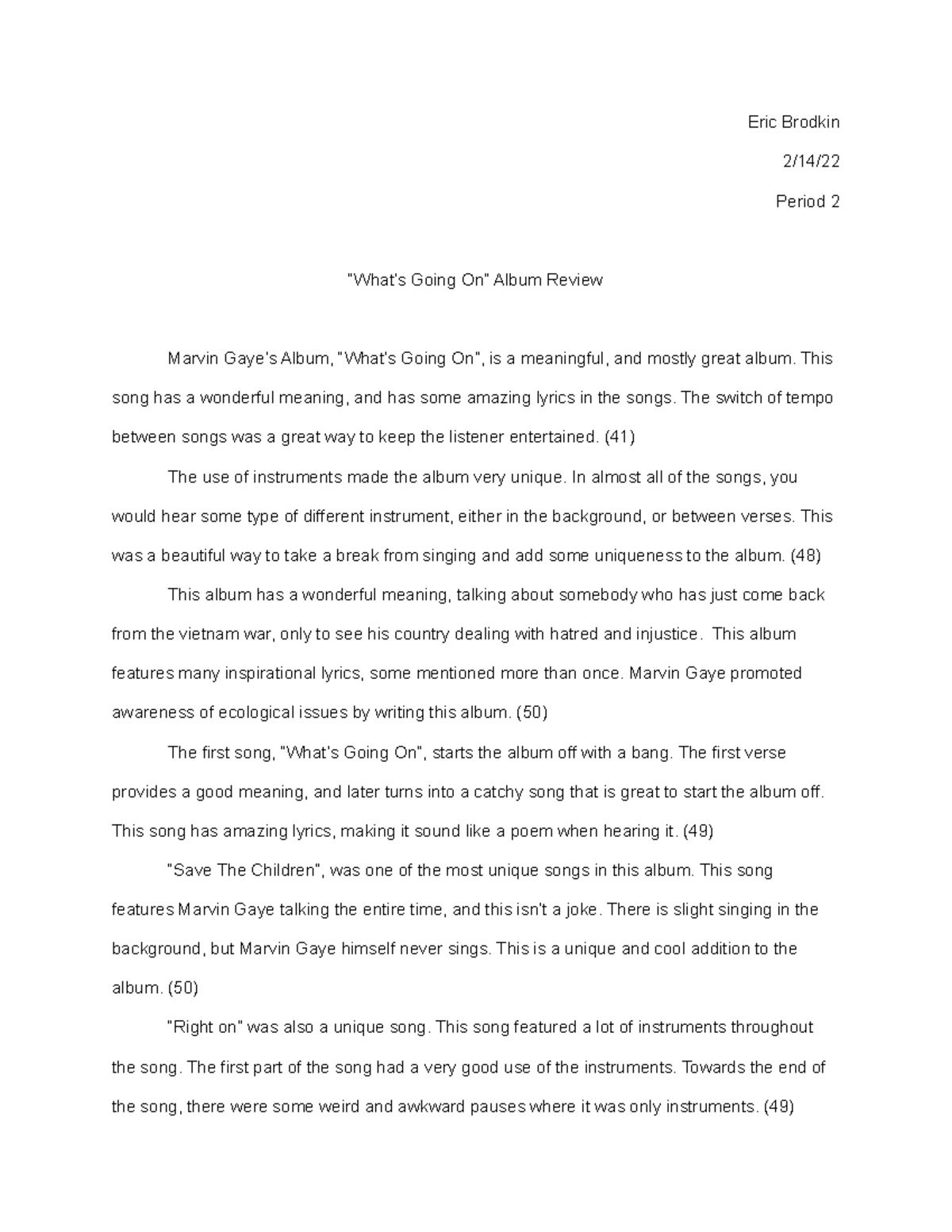 Copy of Marvin Gaye Album Review-2 - Eric Brodkin 2/14/ Period 2 “What ...