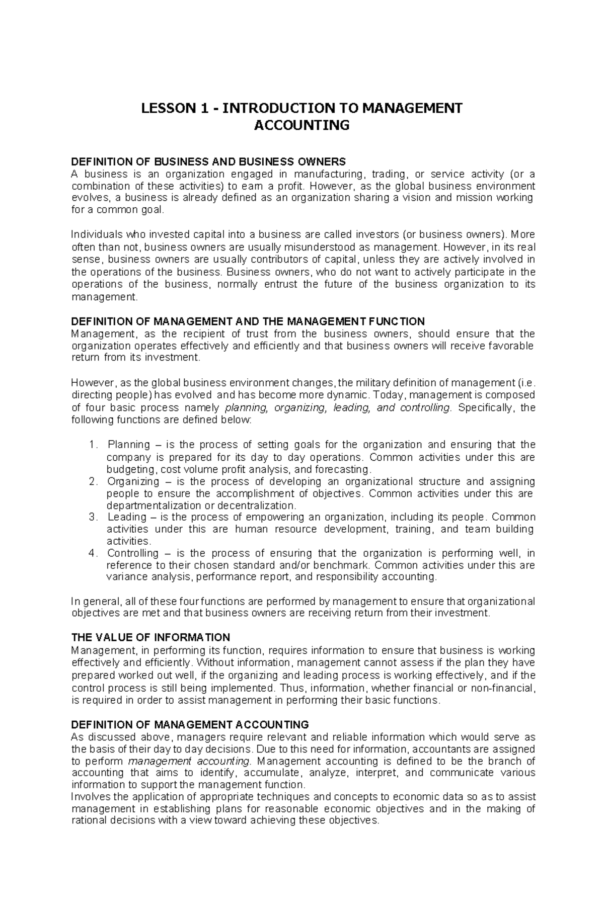 Lesson 1 Intro to MA - LESSON 1 - INTRODUCTION TO MANAGEMENT ACCOUNTING ...