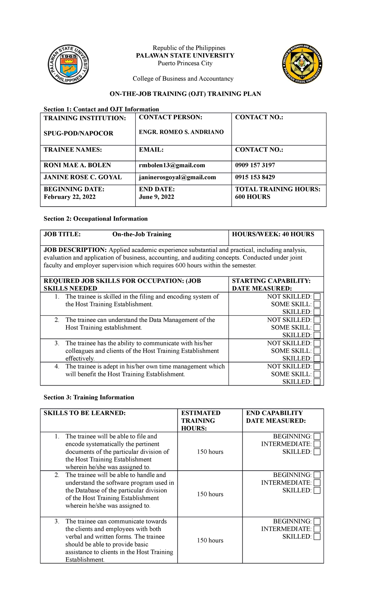 Cba training plan Napocor - Republic of the Philippines PALAWAN STATE UNIVERSITY Puerto Princesa ...
