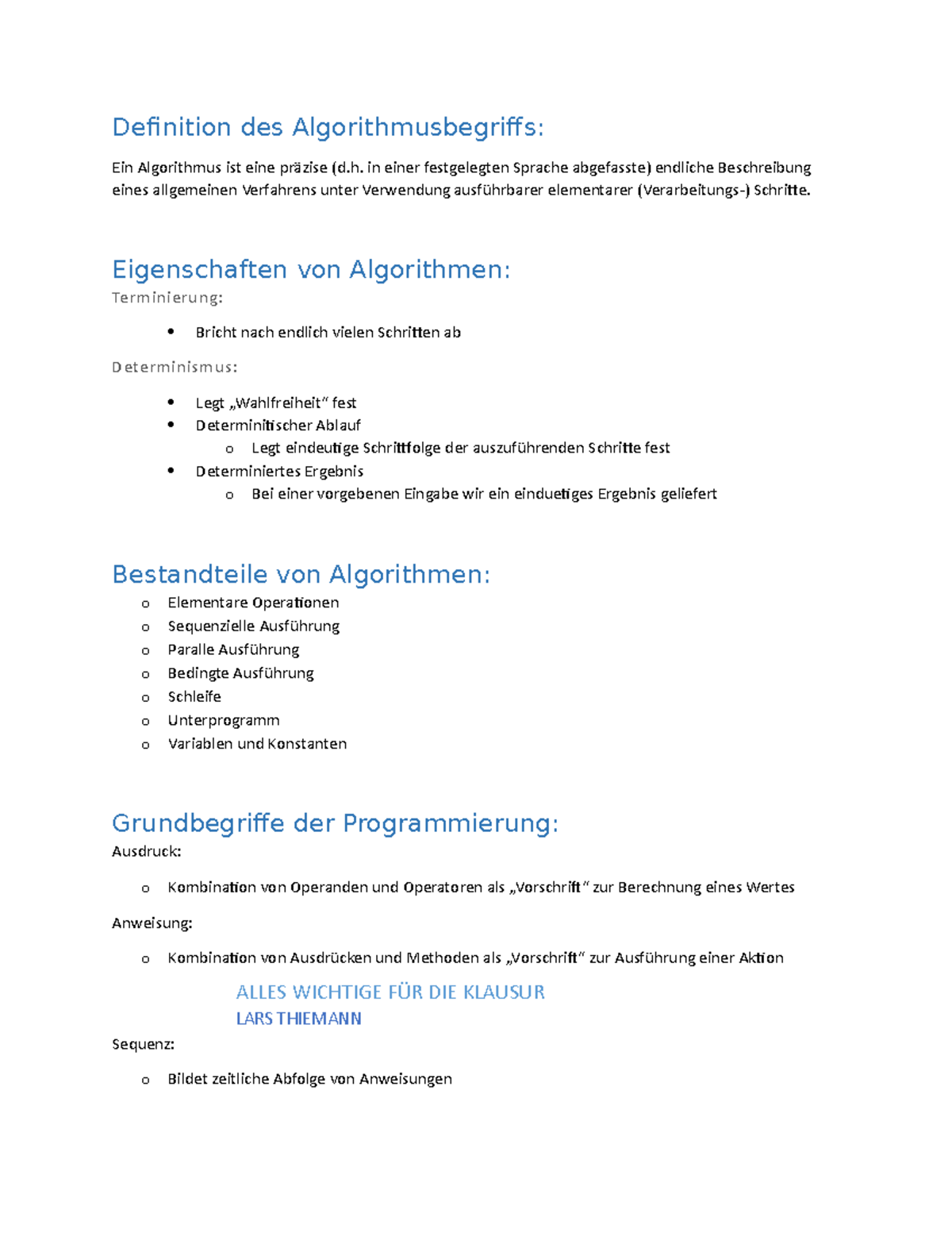 Zusammenfassung DHBW Mannheim Definition Des Algorithmusbegriffs