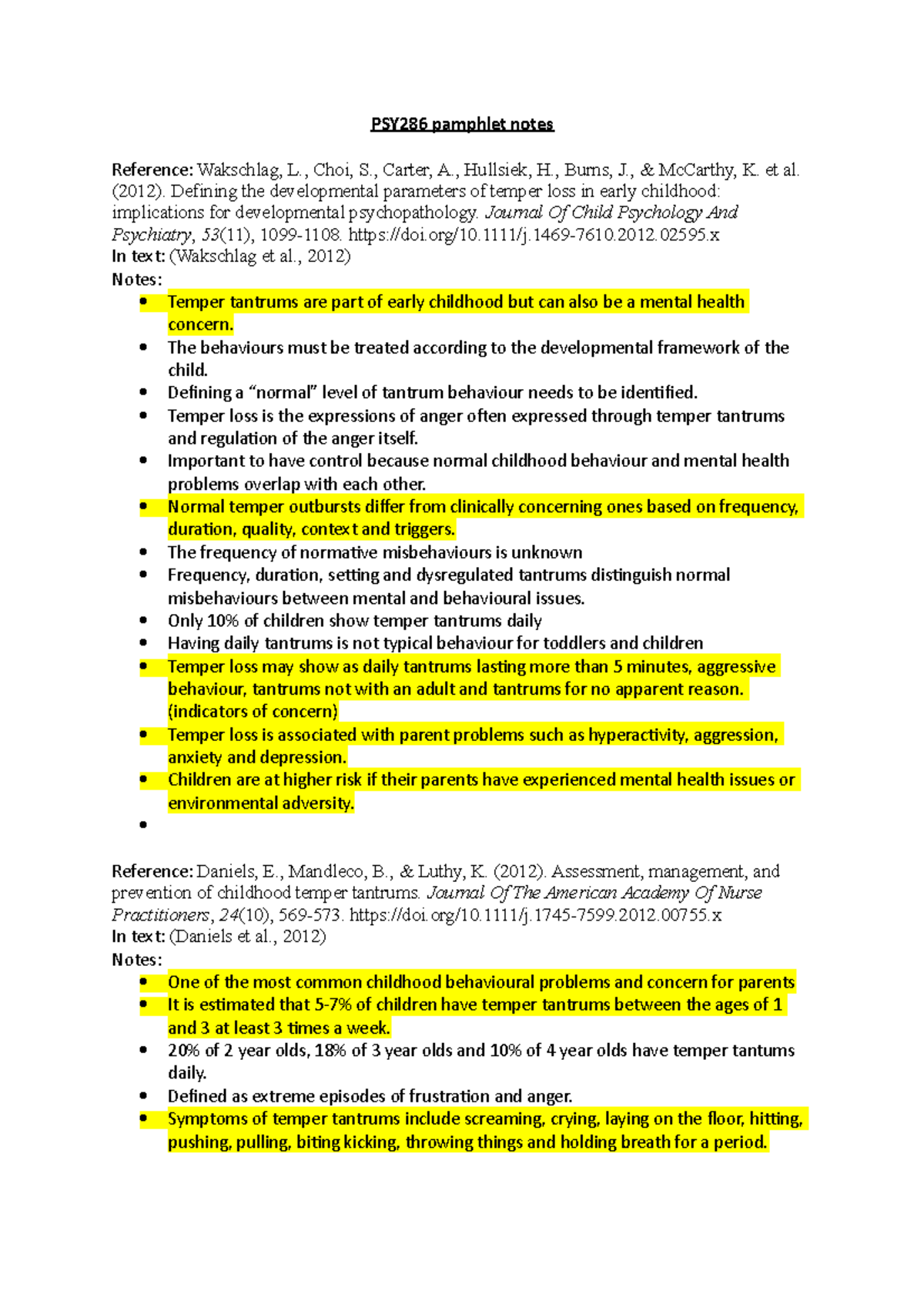 PSY286 pamphlet notes - PSY286 pamphlet notes Reference: Wakschlag, L ...