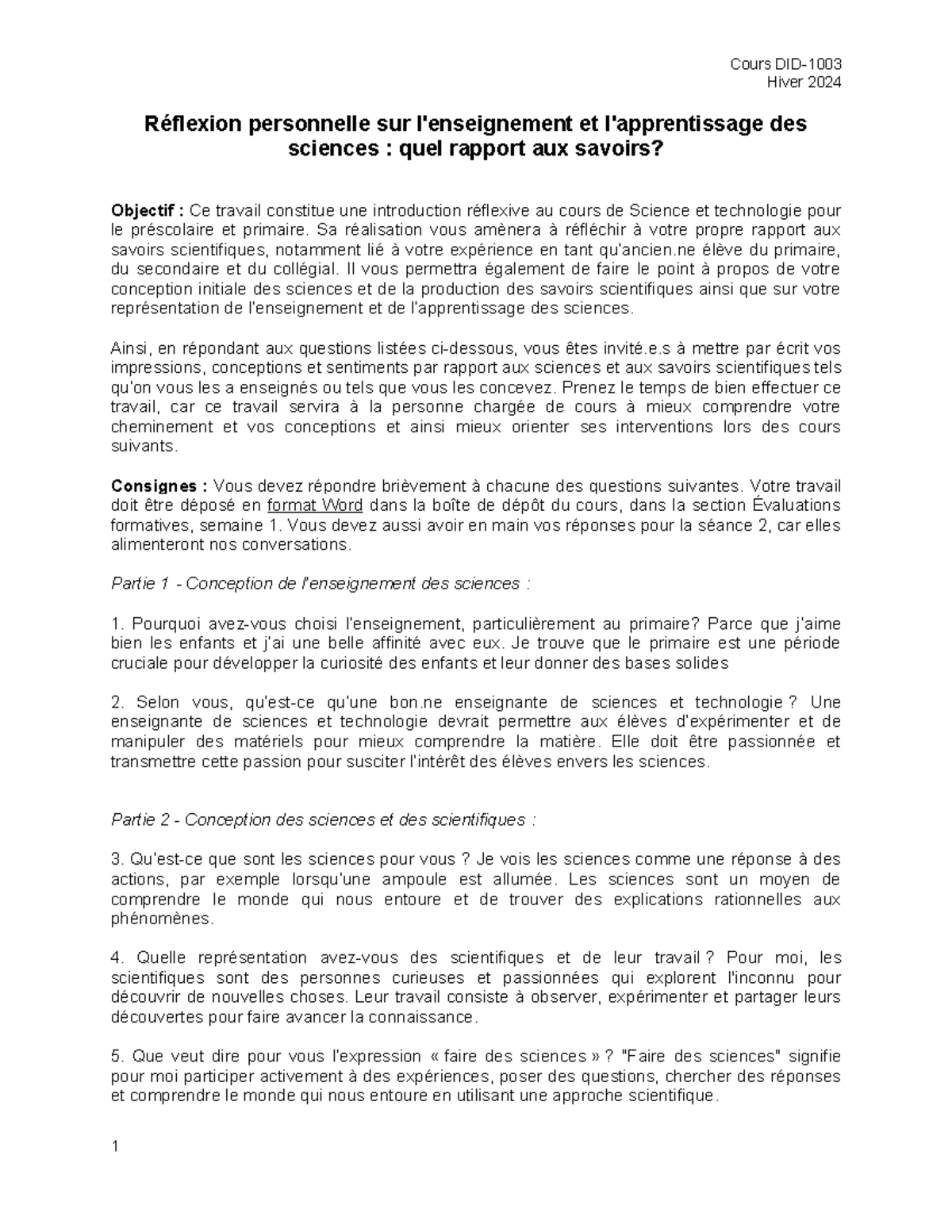 Reflexion personnelle-sciences - Cours DID- Hiver 2024 Réflexion ...