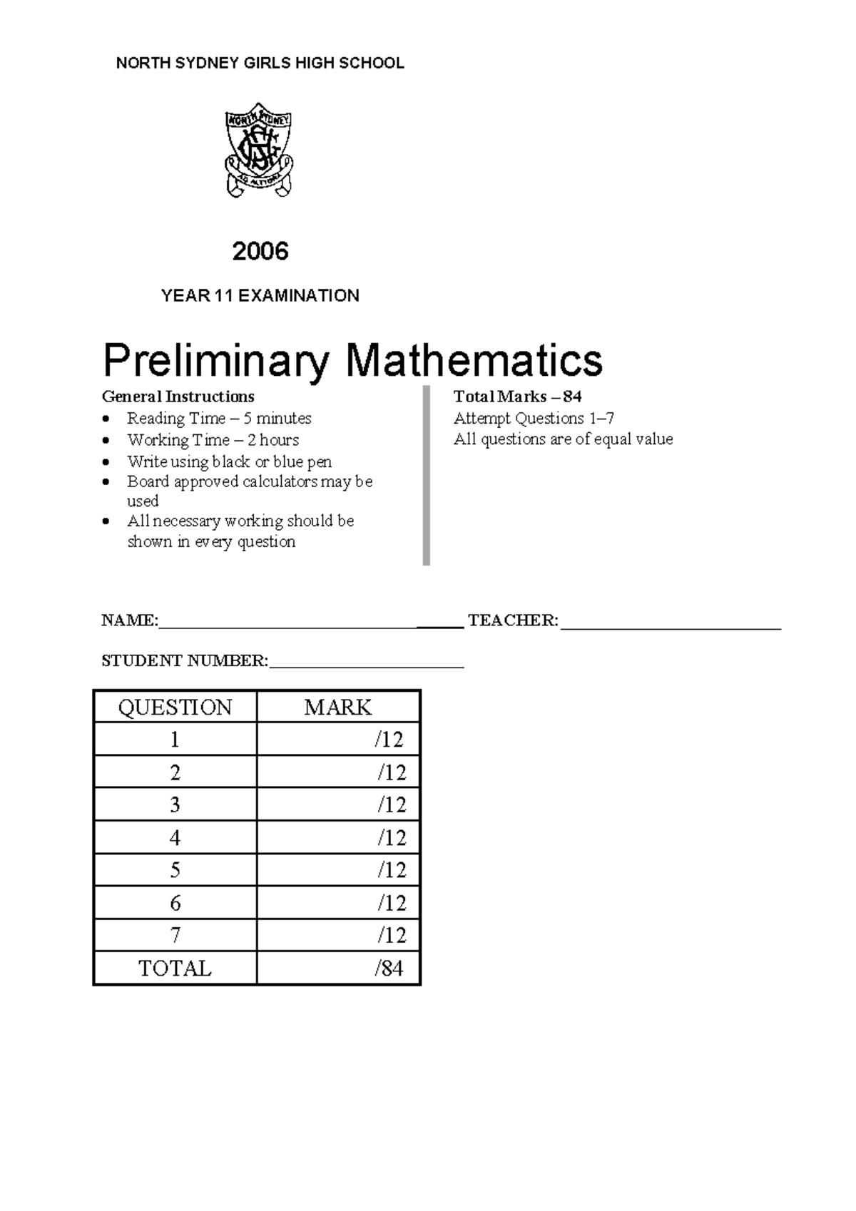Nsghs 2006 Yr 11 2U T3 - Preliminary Mathematics General Instructions ...
