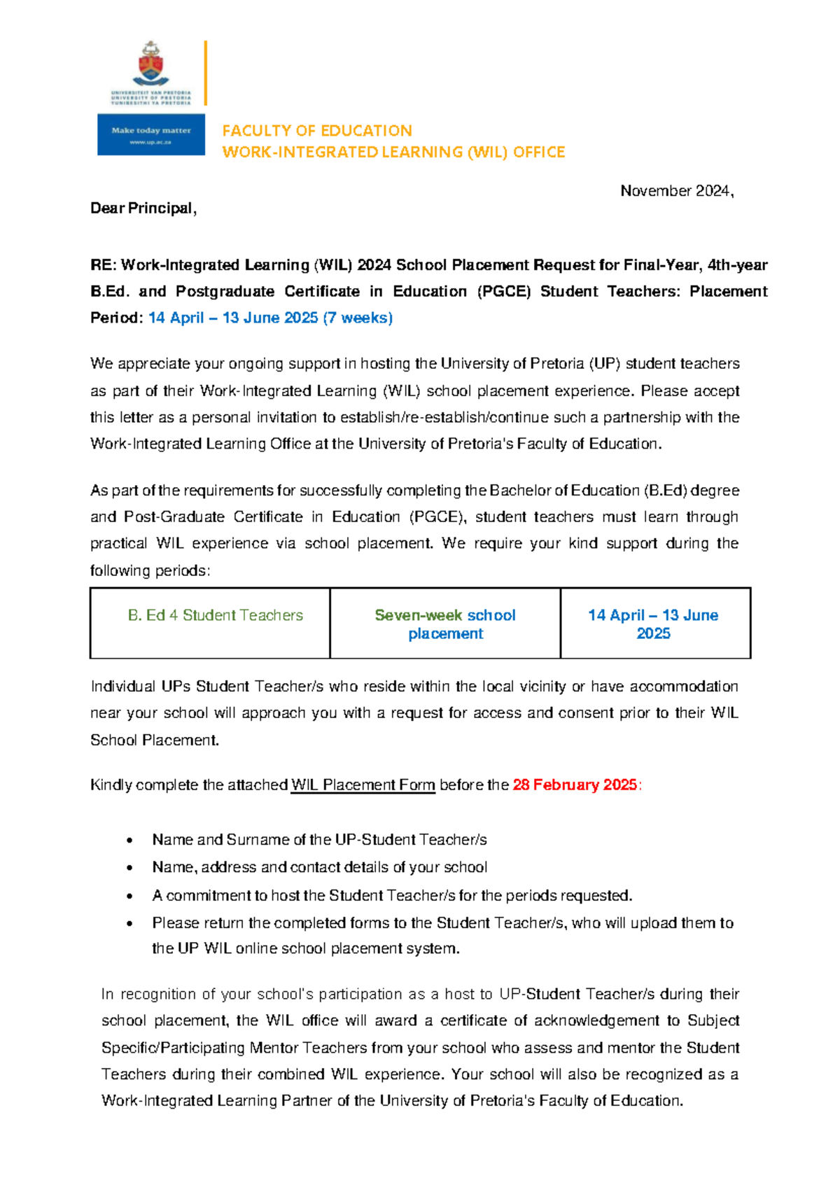WIL2025 Placement form PRO452 - FACULTY OF EDUCATION WORK-INTEGRATED ...