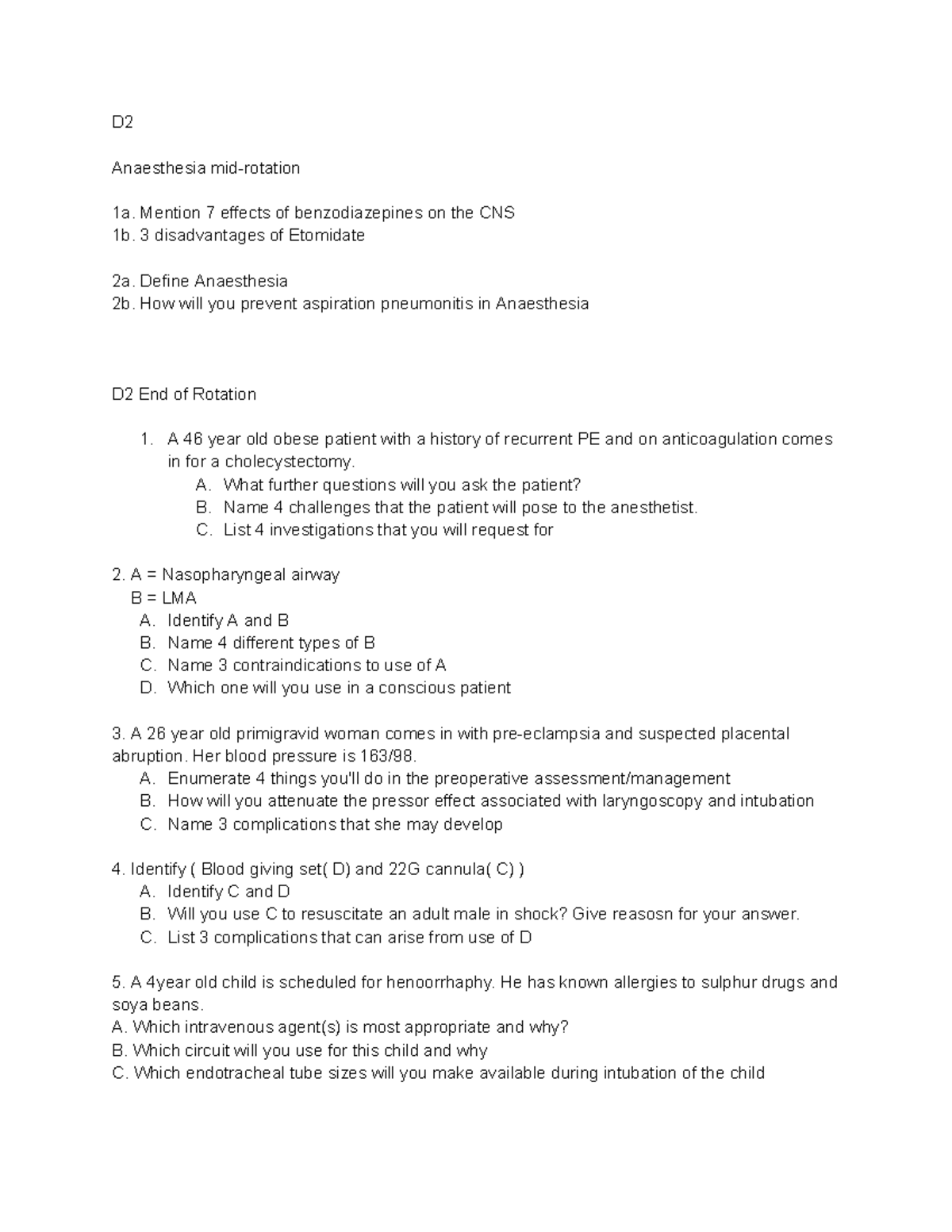 Anaesthesia D2 - Practice work - D Anaesthesia mid-rotation 1a. Mention ...