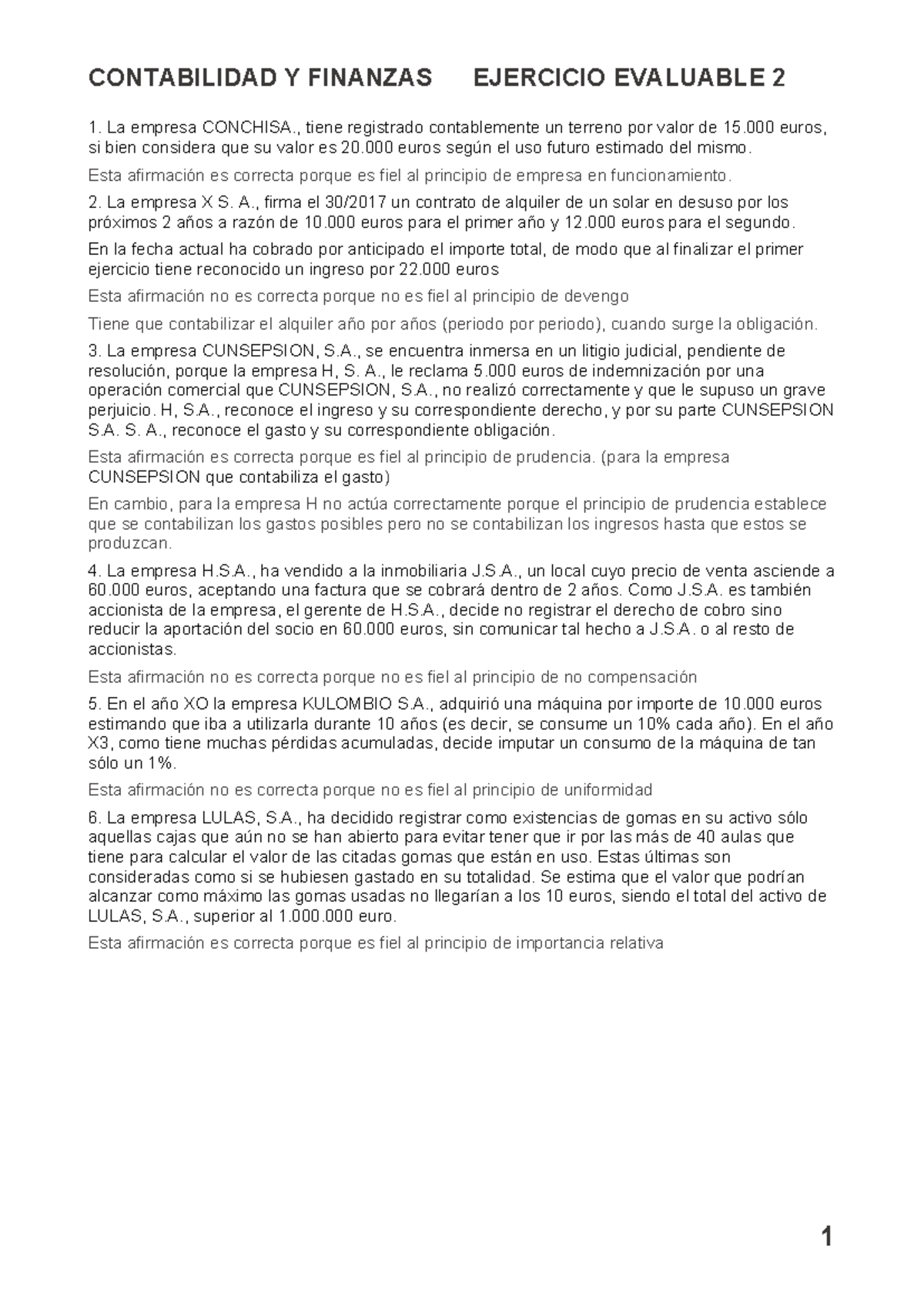 Ejercicio Evaluable 2 - CONTABILIDAD Y FINANZAS EJERCICIO EVALUABLE 2 1. La empresa CONCHISA ...