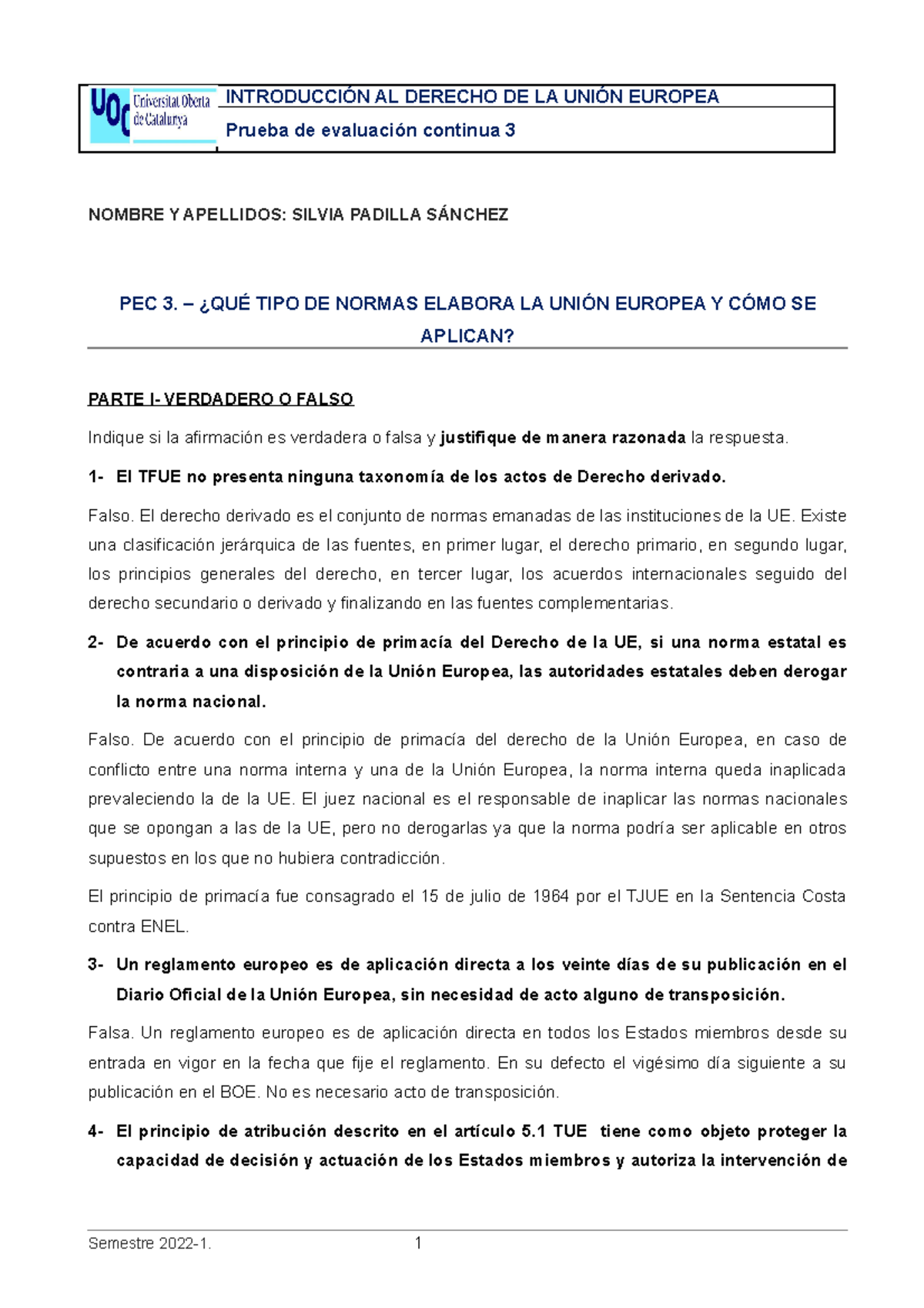73532 PEC3 20221 - PEC 3 Introducción al Derecho de la Unión Europea, nota A. - Prueba de ...