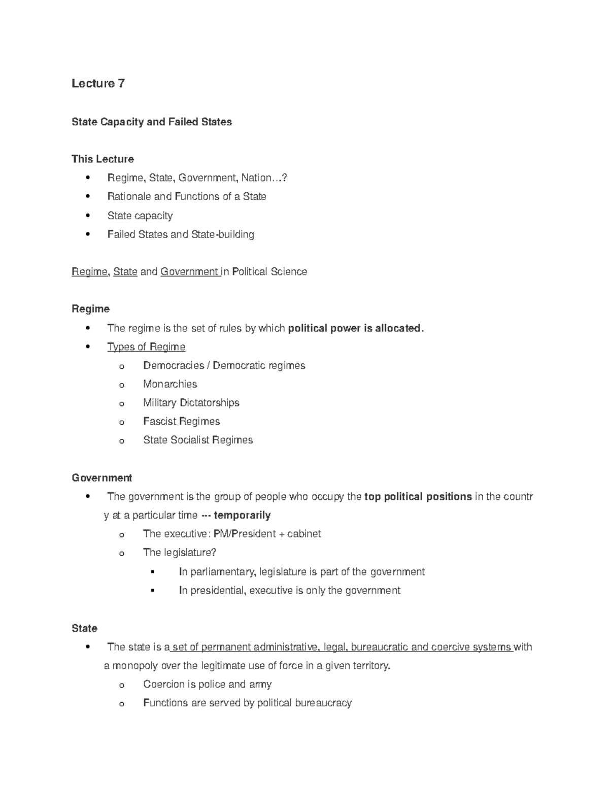 Lecture Notes - POLI1003 - Lec 7 - Lecture 7 State Capacity and Failed ...