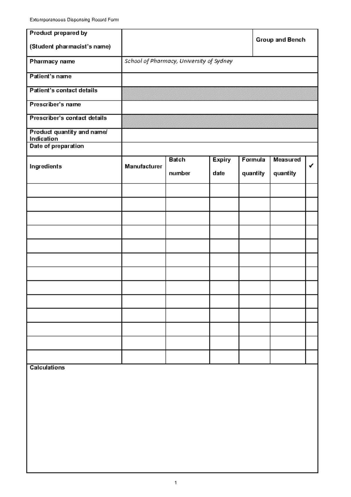 Extemporaneous Dispensing Record Form - 2024 - Product prepared by ...