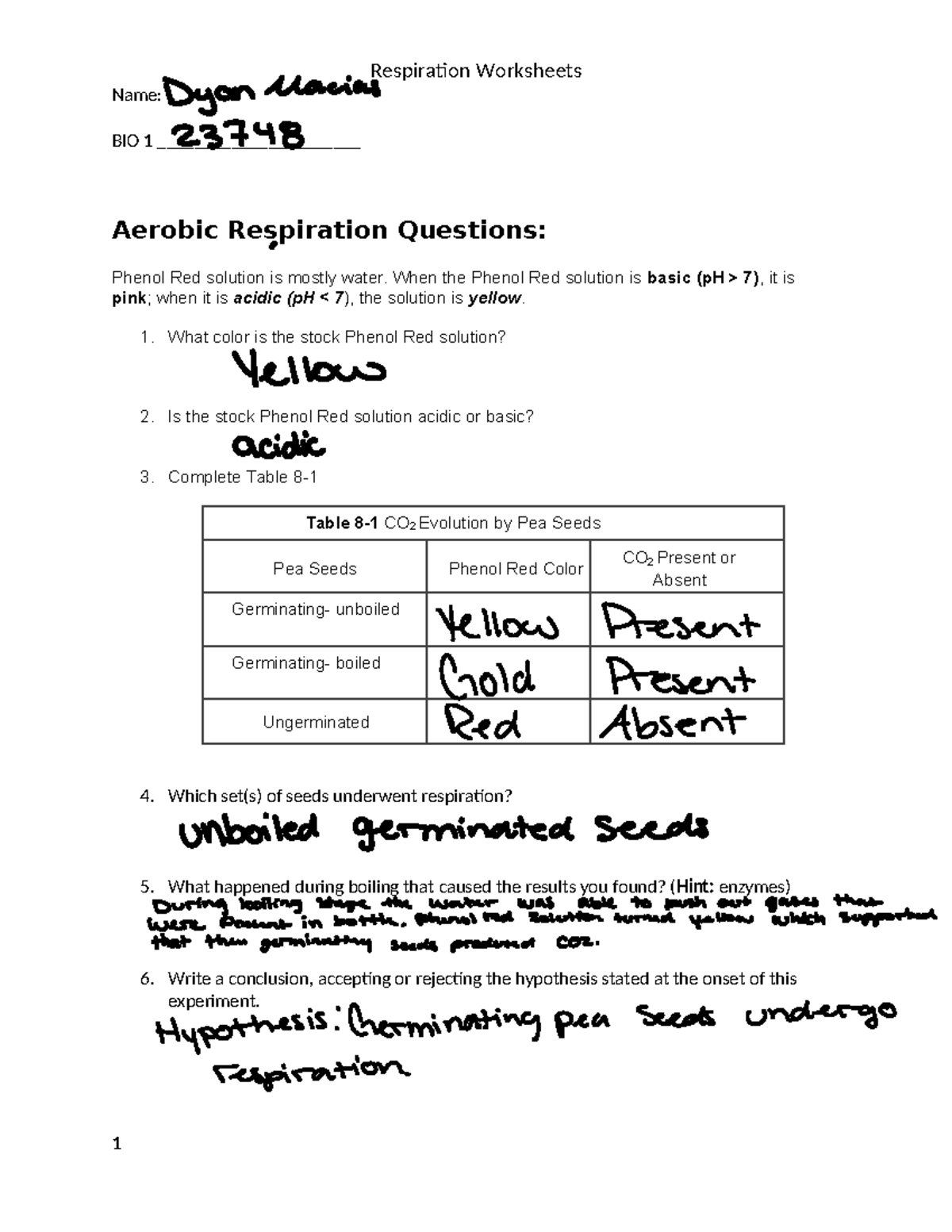 Respiration Lab Exercise Worksheets - Tagged - Name: BIO 1 ...