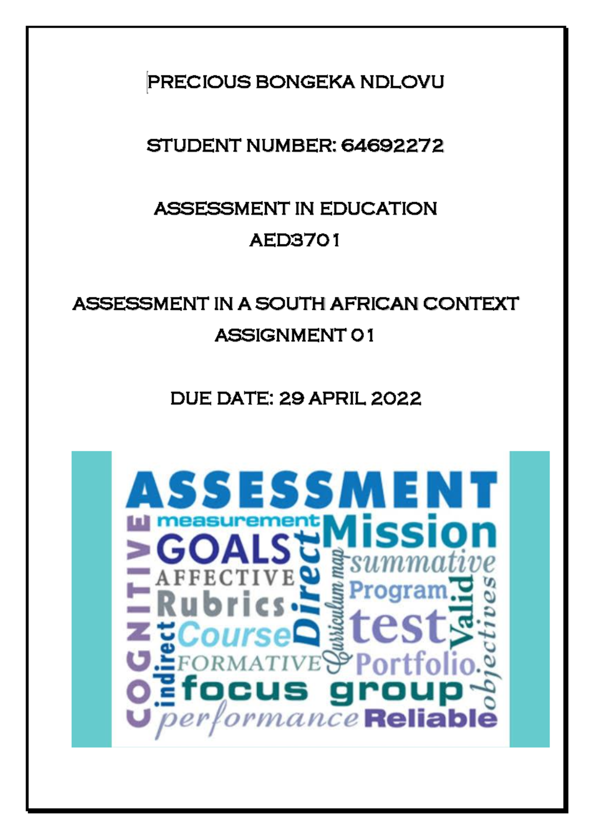 AED3701 Assignment 01 2022 - PRECIOUS BONGEKA NDLOVU STUDENT NUMBER ...