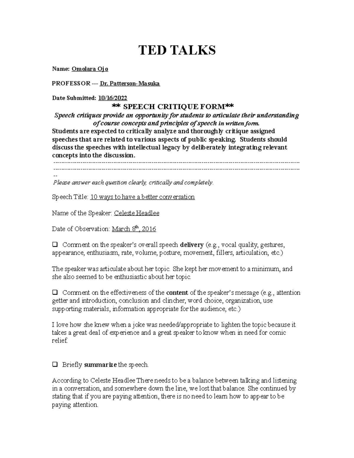 Ted Talk 6- 10 Ways to Have a Better Conversation- Omolara Ojo - TED ...