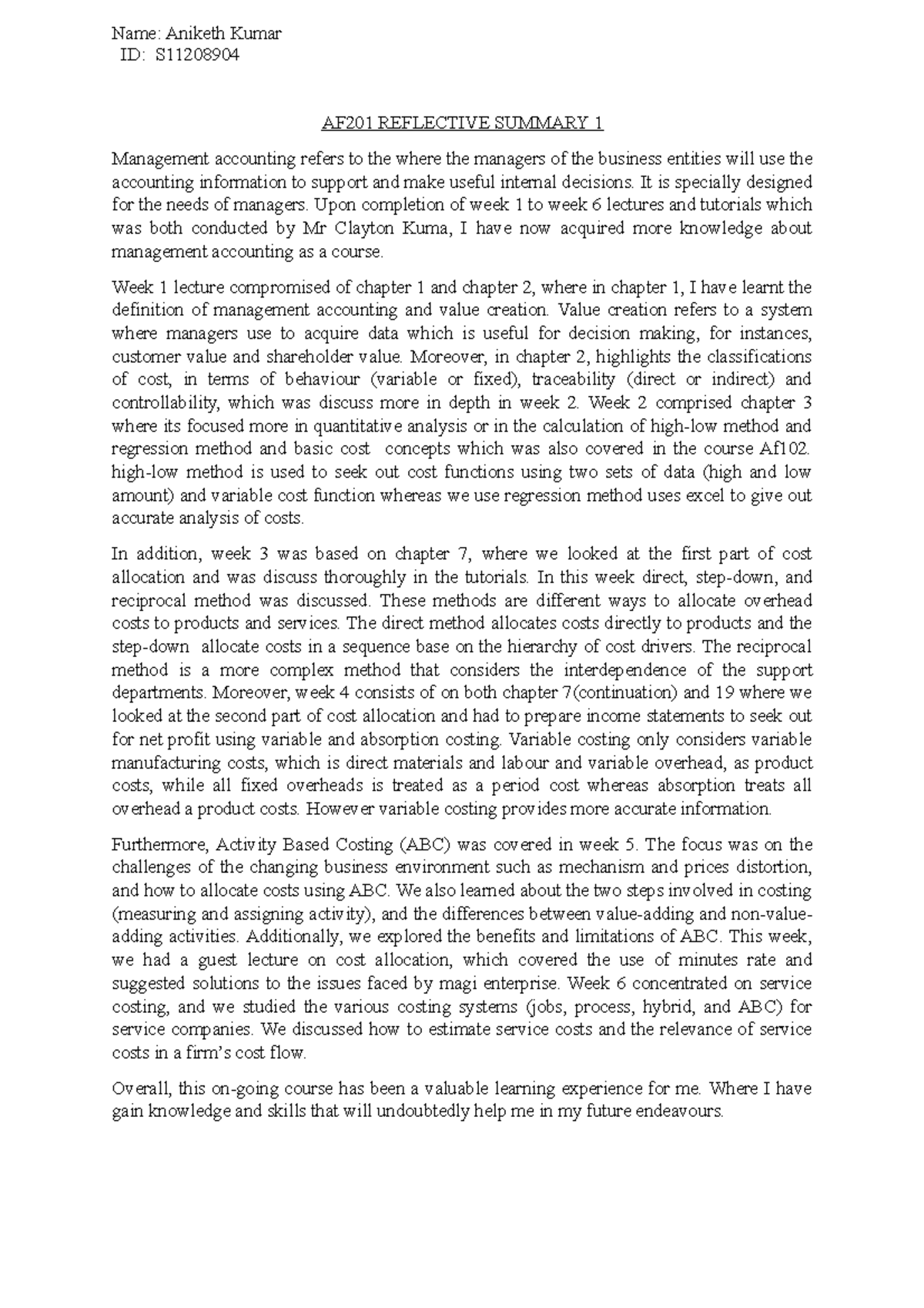 Af201 summary 1 - Name: Aniketh Kumar ID: S AF201 REFLECTIVE SUMMARY 1 ...