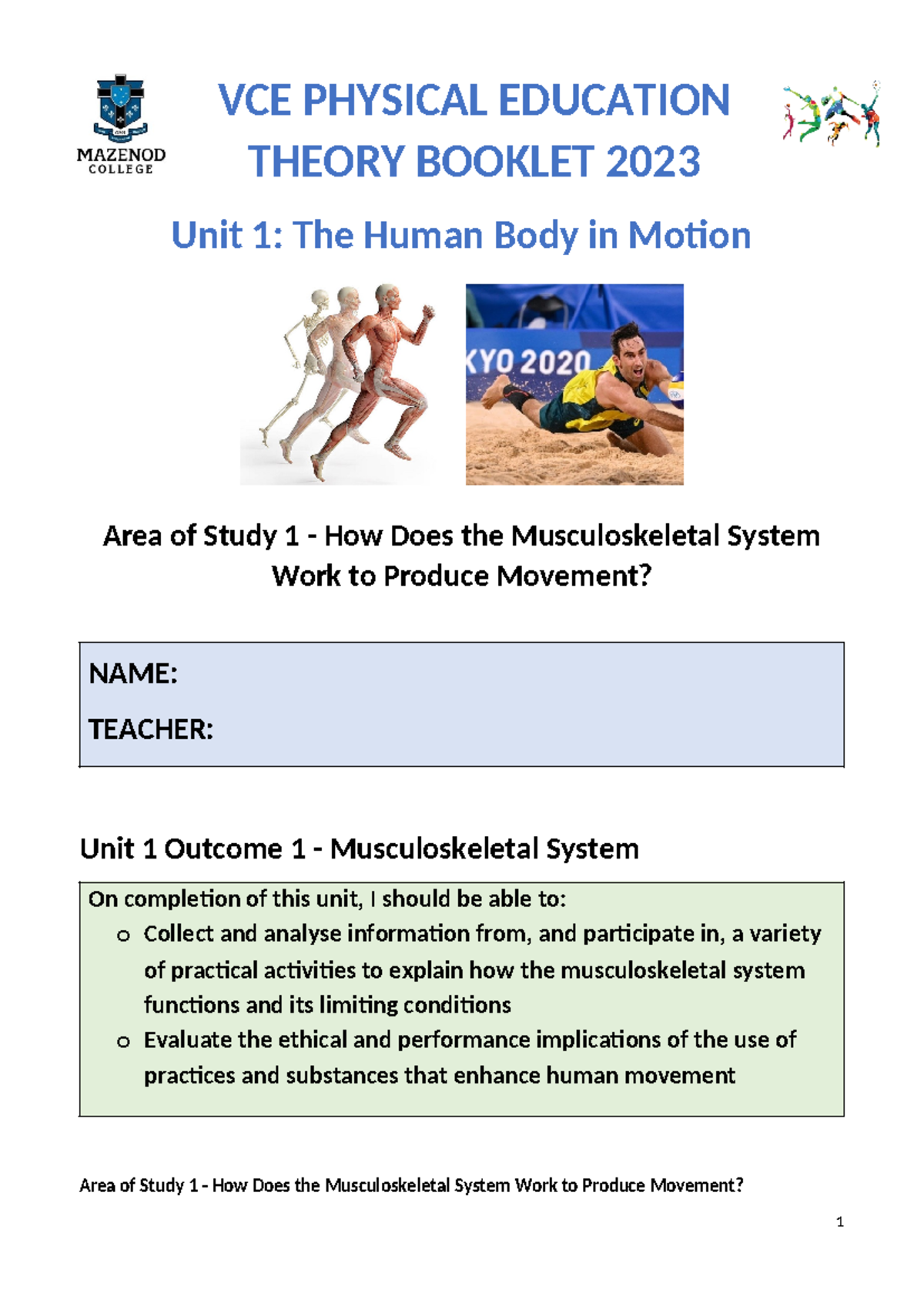 Unit 1 AOS1 Theory Booklet 2023 - VCE PHYSICAL EDUCATION THEORY BOOKLET ...