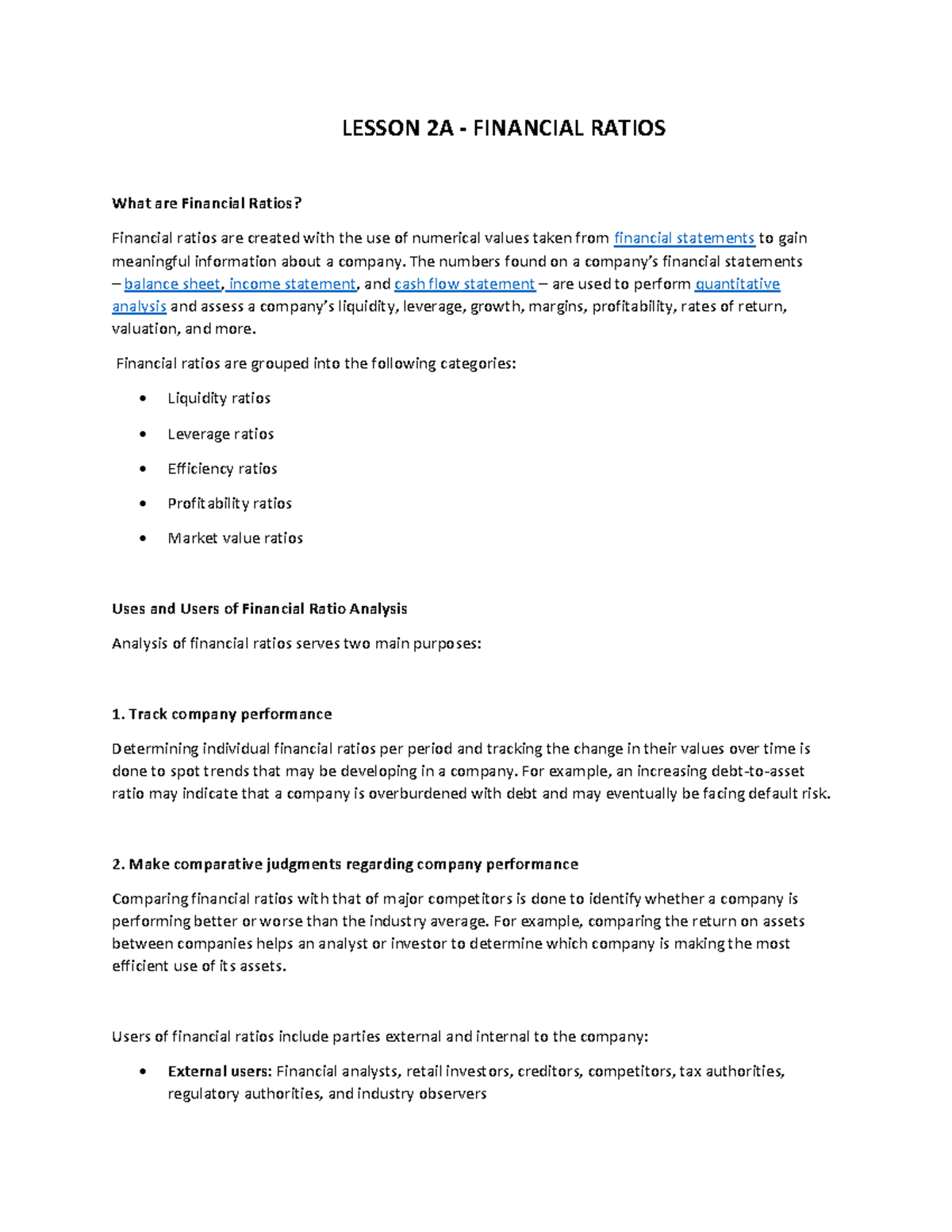 Lesson 2A Financial Ratios - LESSON 2A - FINANCIAL RATIOS What are ...