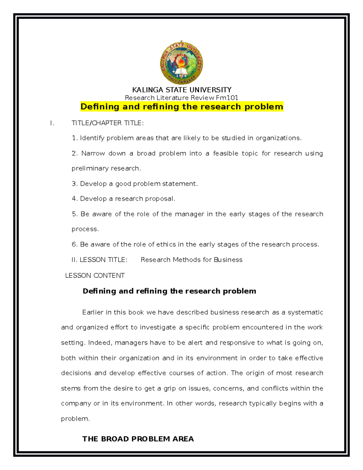 Defining and refining the research problem - TITLE/CHAPTER TITLE ...