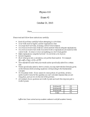 Physics 110, Exam 1 - Exam Material/Solutions - Physics 110 Exam #1 September 30, 2013 - Studocu