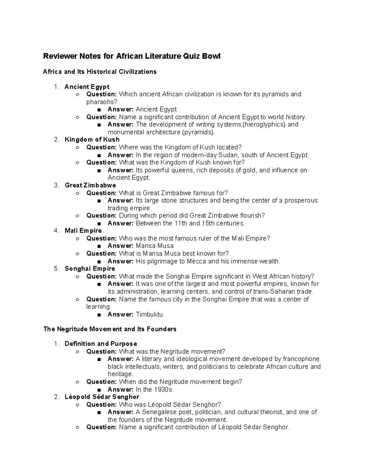Reviewer Notes for African Literature Quiz Bowl - Ancient Egypt ...
