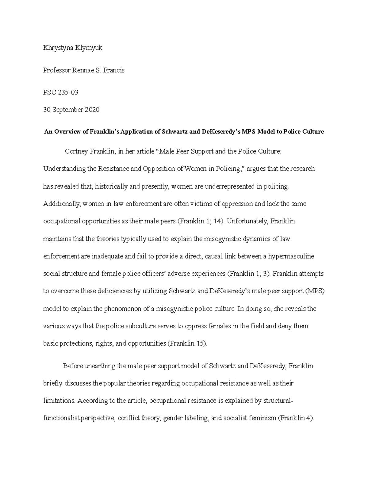 Document - homework - Khrystyna Klymyuk Professor Rennae S. Francis PSC ...