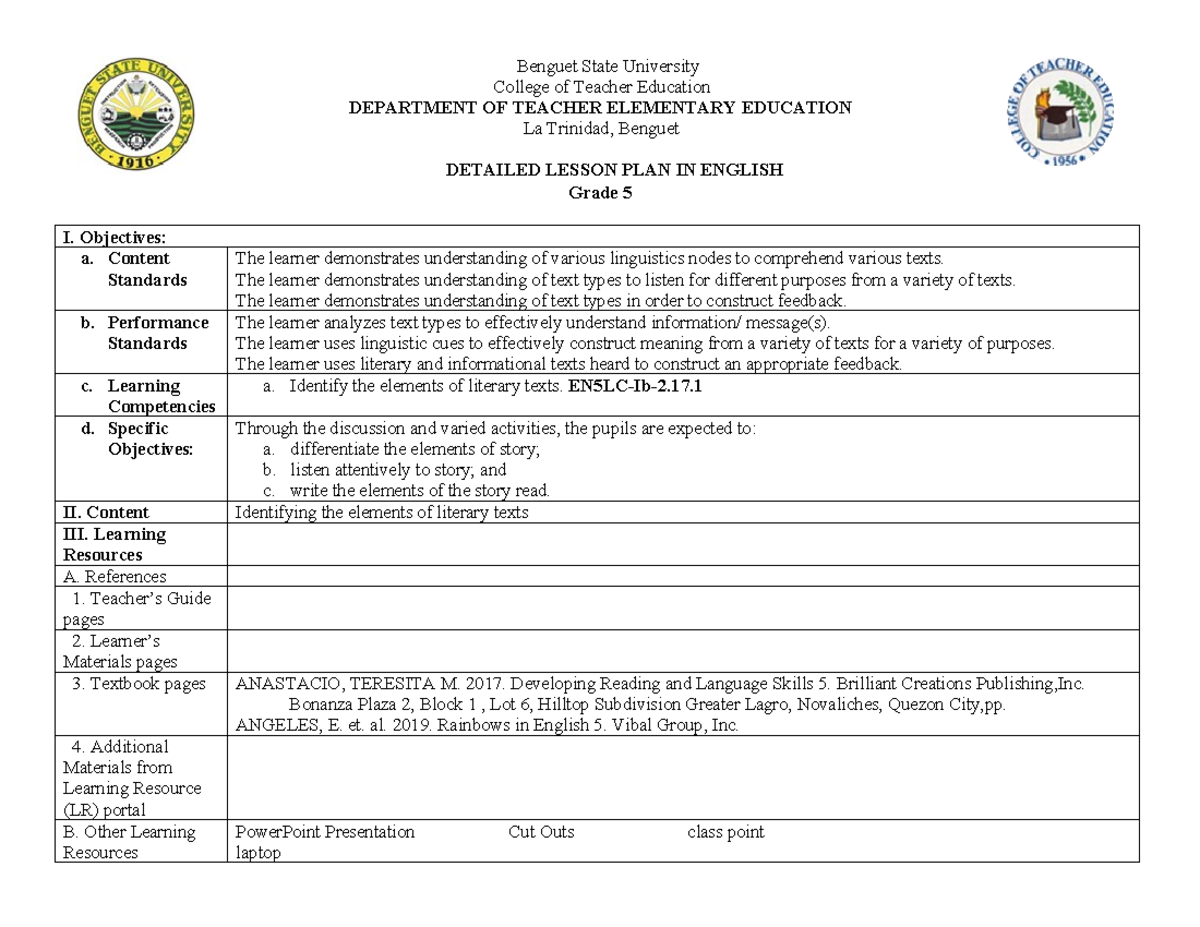 Detailed lesson plan in english reading - Benguet State University ...