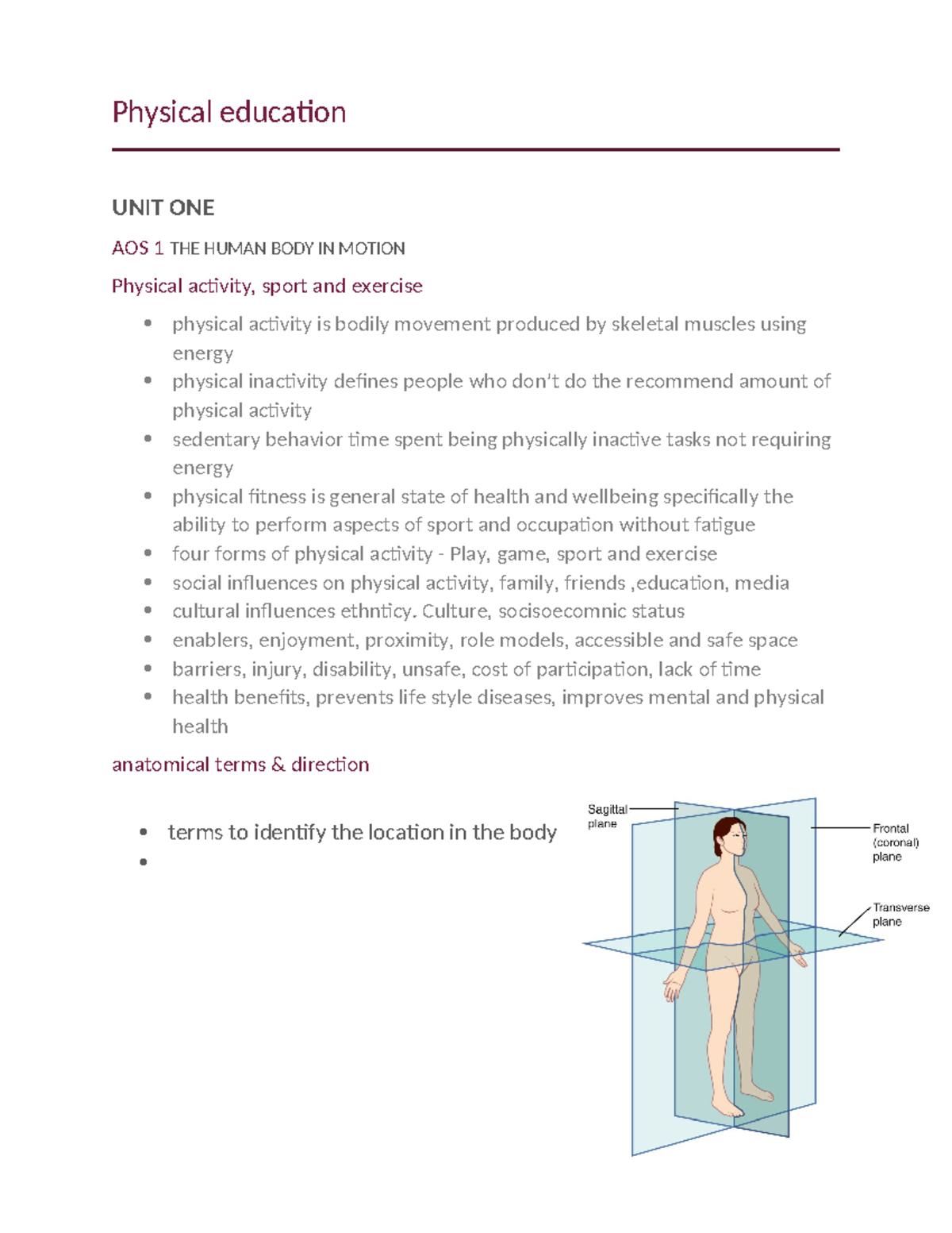 Physical education notes - Physical education UNIT ONE AOS 1 THE HUMAN ...