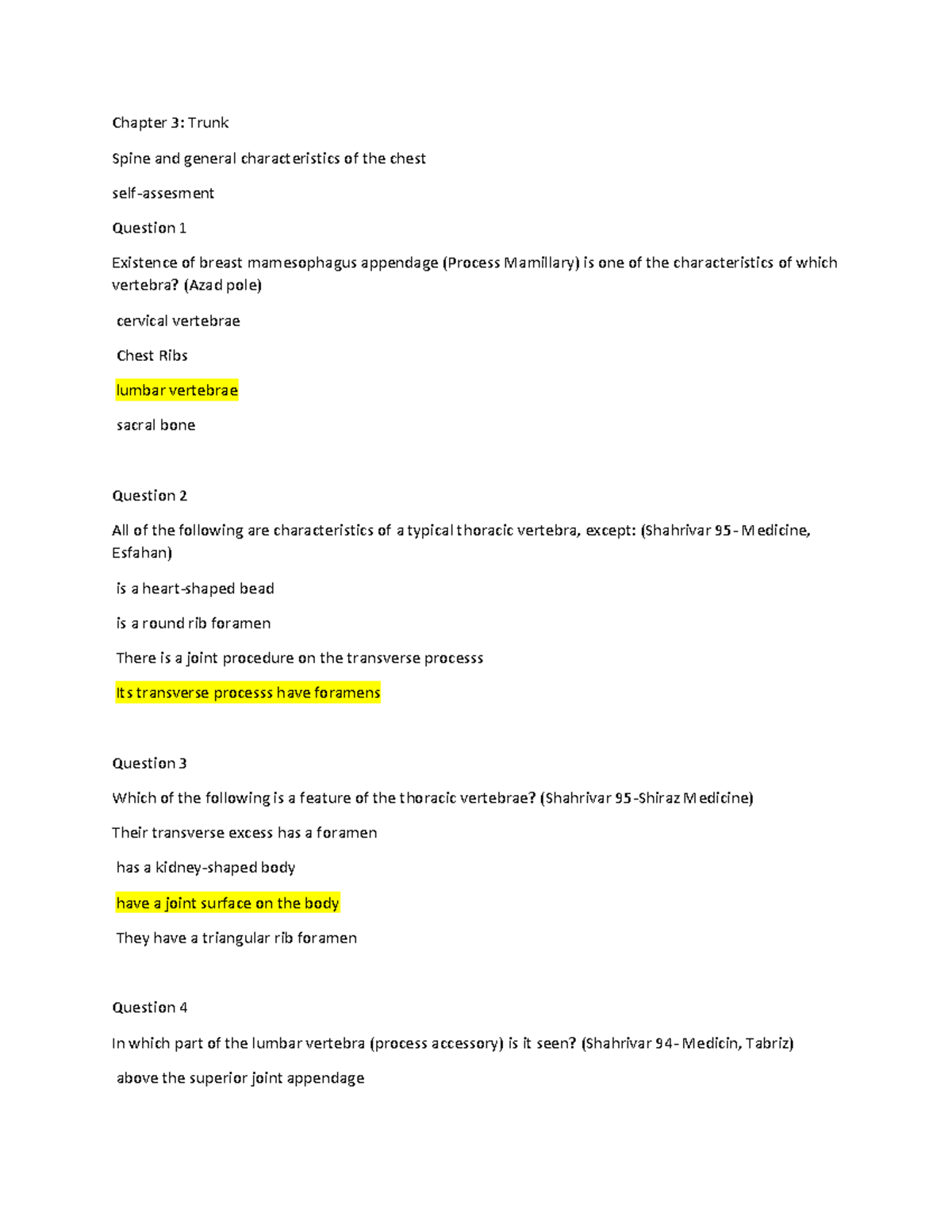 Anatomy msq test final - Chapter 3: Trunk Spine and general ...