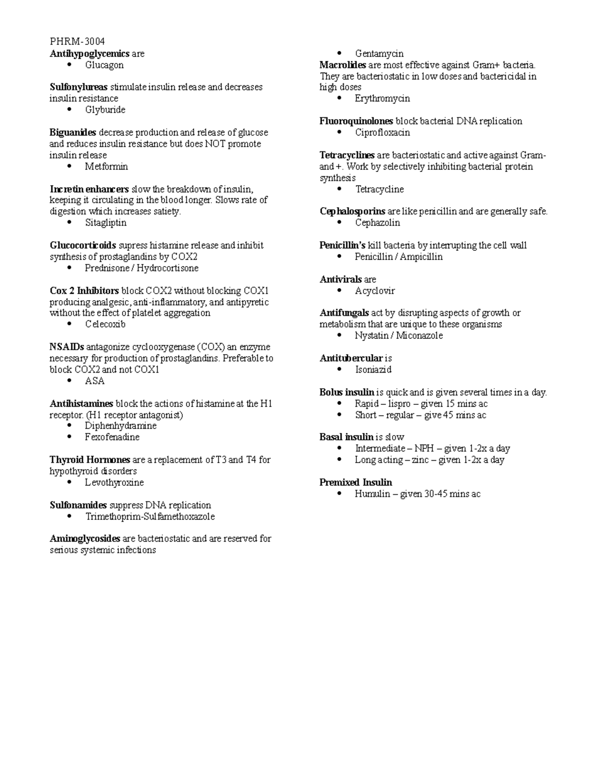 Final Test Medications - PHRM-3004 Antihypoglycemics are Glucagon ...