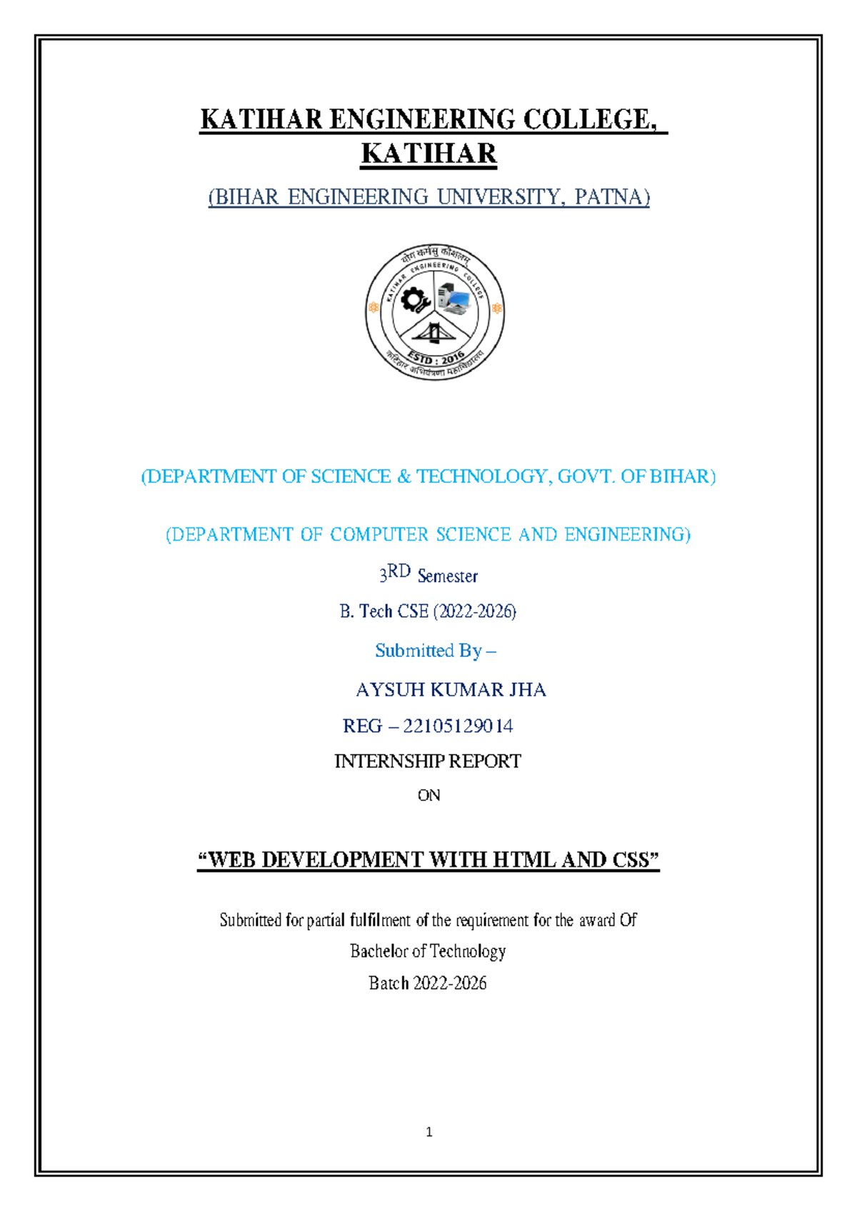 Ayush internship report - KATIHAR ENGINEERING COLLEGE, KATIHAR (BIHAR ...
