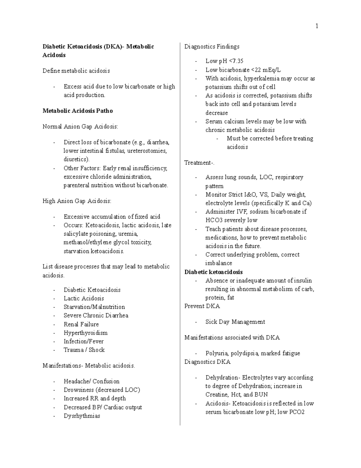 Acid- Base Balance Exam 2 - Diabetic Ketoacidosis (DKA)- Metabolic ...