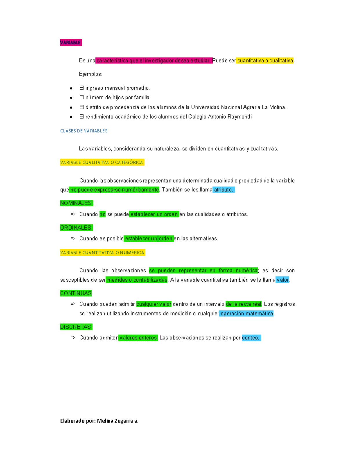 Separata Variables TEMA 2 - Elaborado por: Melina Zegarra a. VARIABLE ...