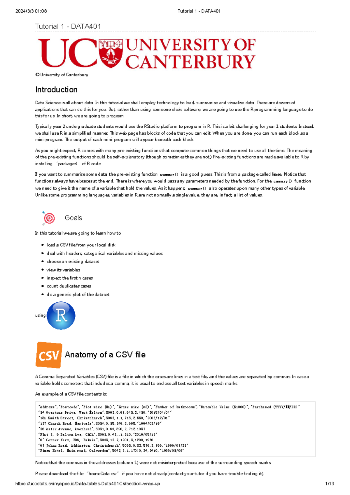 Tutorial 1 - DATA401 - Tutorial 1 - DATA © University of Canterbury ...