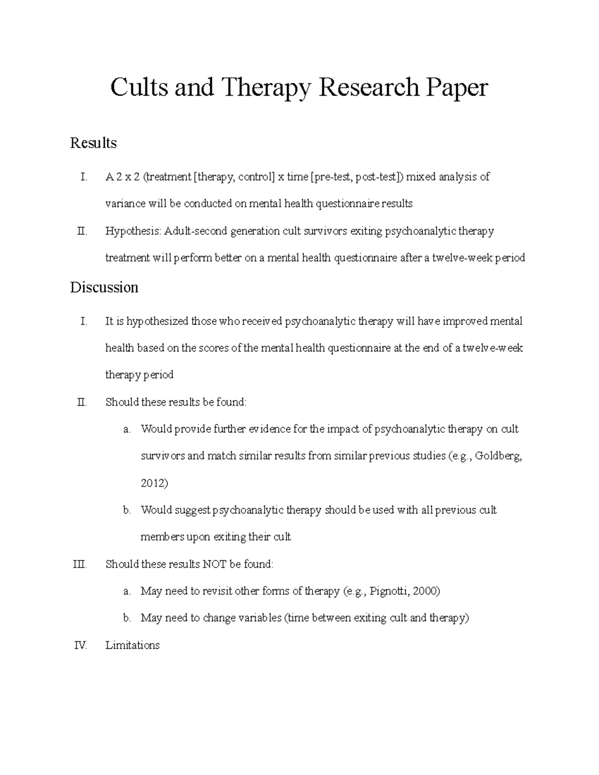 Cults and Therapy Research Paper Results & Discussion Outline - Cults ...