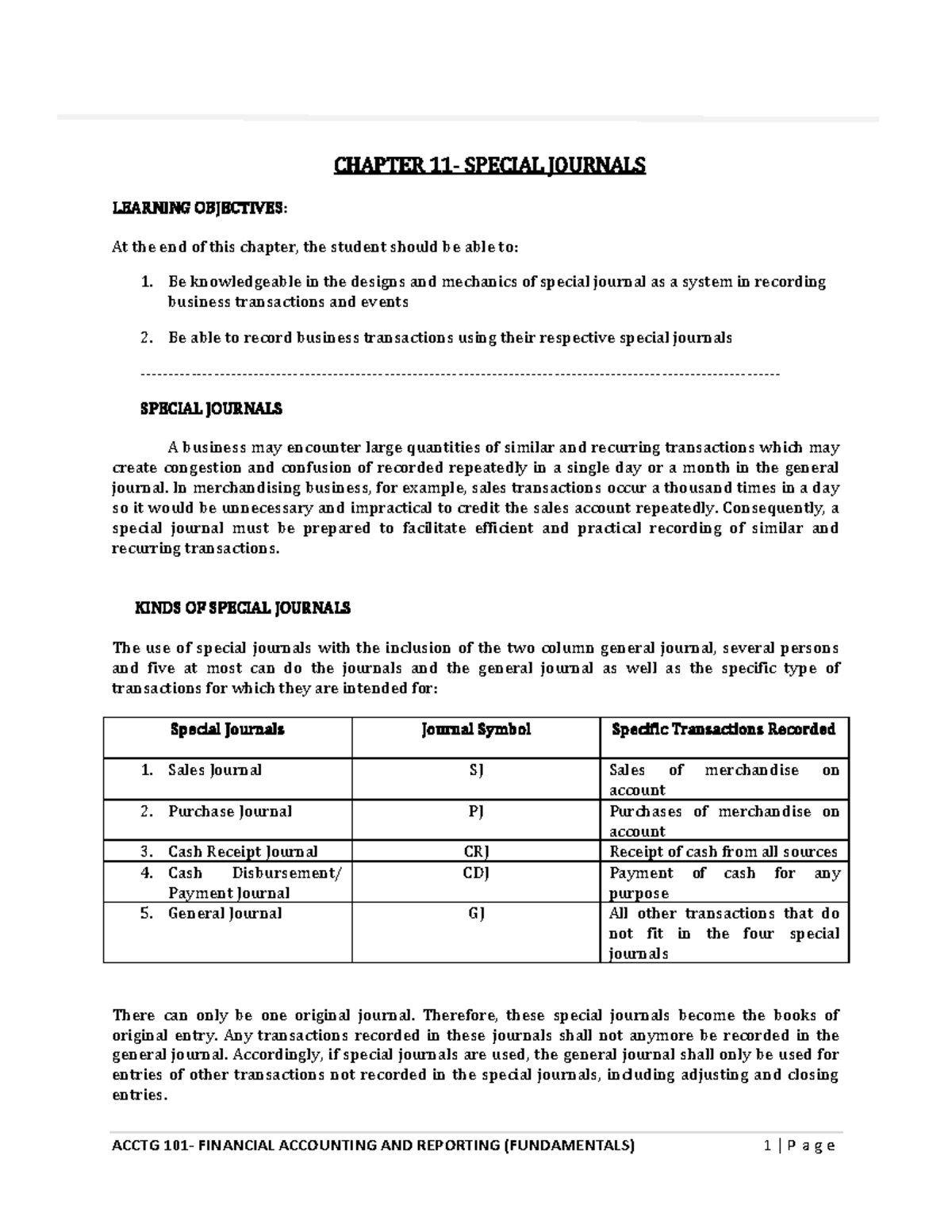 Chapter 11 pdf lecture - CHAPTER 11 - SPECIAL JOURNALS LEARNING ...