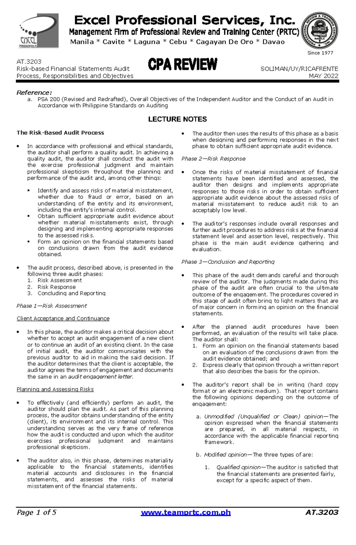 01 Audit Responsibilities and Objectives - Manila * Cavite * Laguna ...