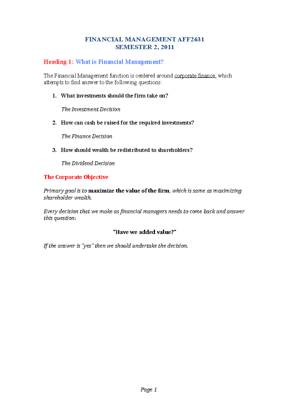 Financial Management Lecture Notes Lectures 1 10
