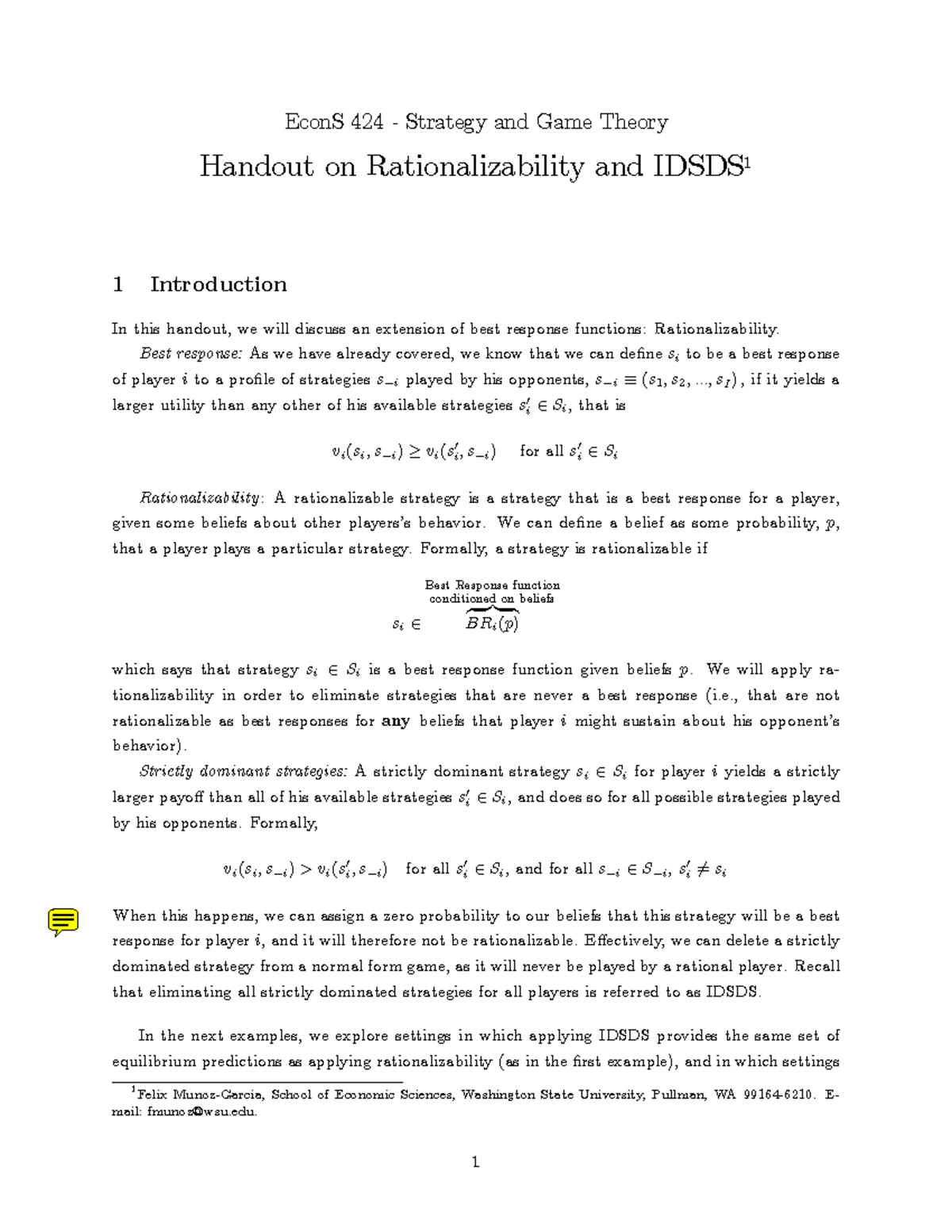 Handout on Rationalizability and Idsds - EconS 424 - Strategy and Game ...