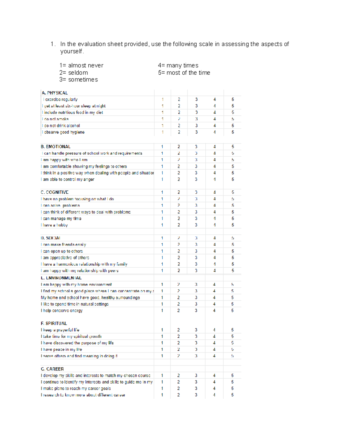 SELF Check Assesment - In the evaluation sheet provided, use the ...