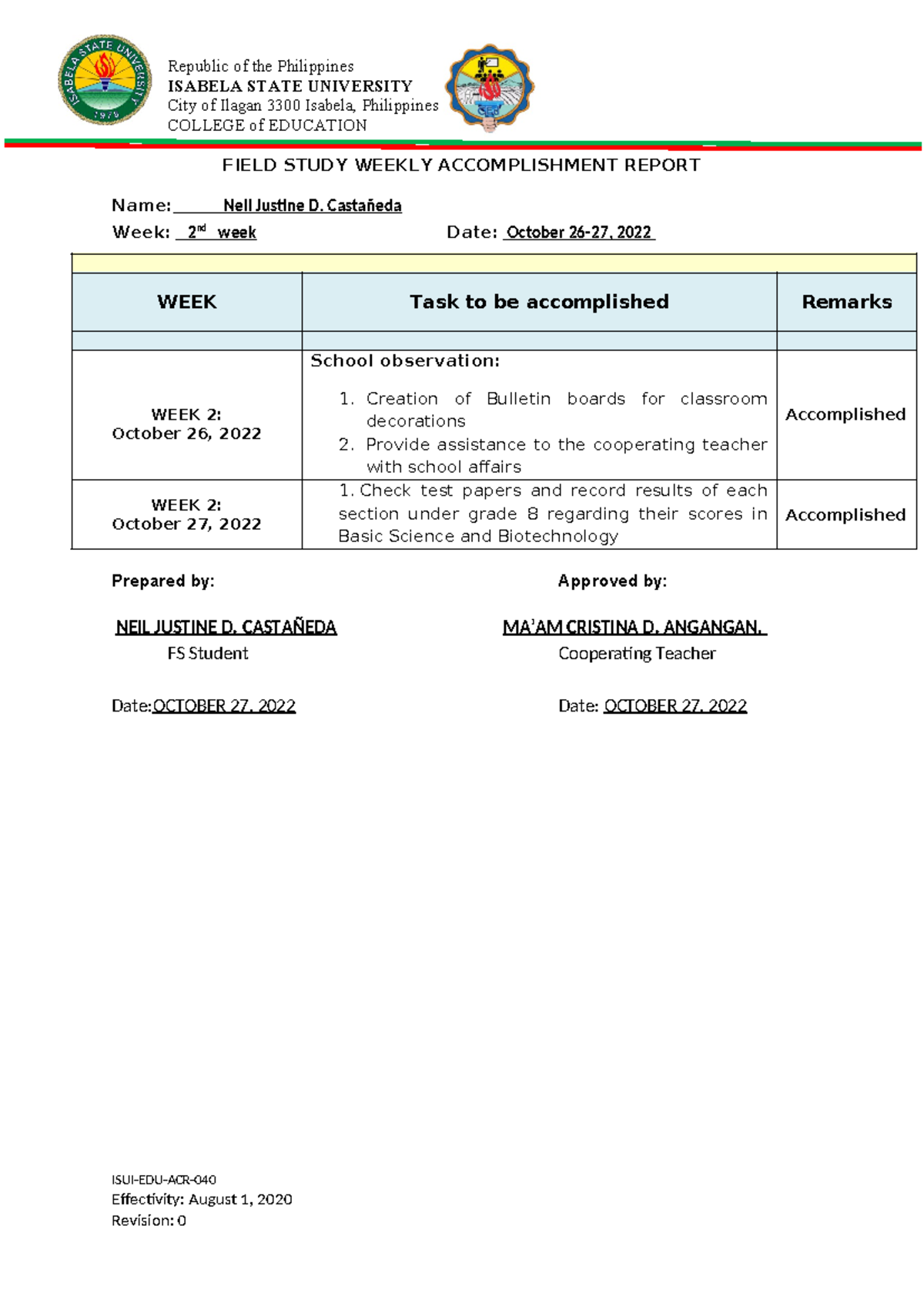 Accomplishment report week 2 - Republic of the Philippines ISABELA STATE UNIVERSITY City of ...
