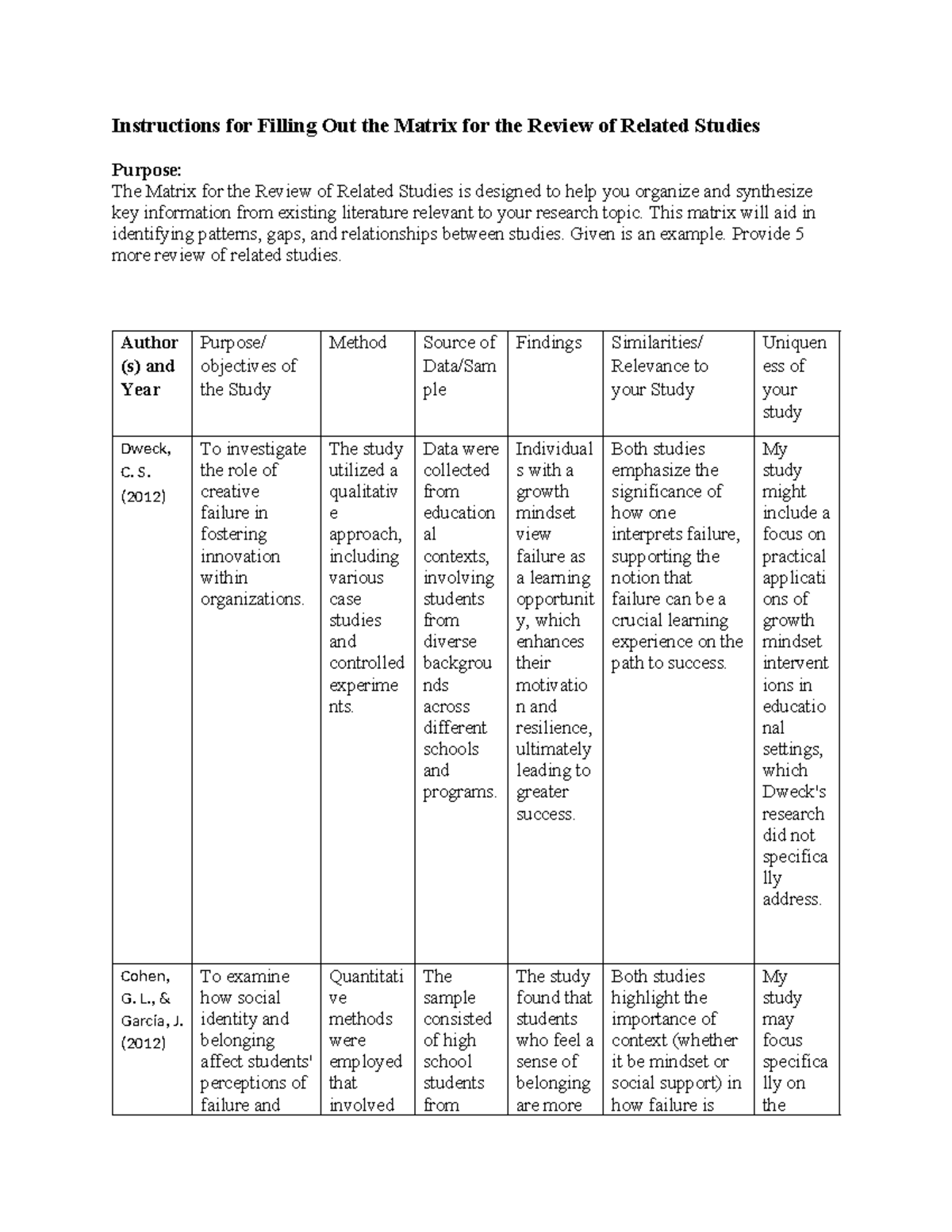 Matrix for Review of Related Studies - Instructions for Filling Out the ...