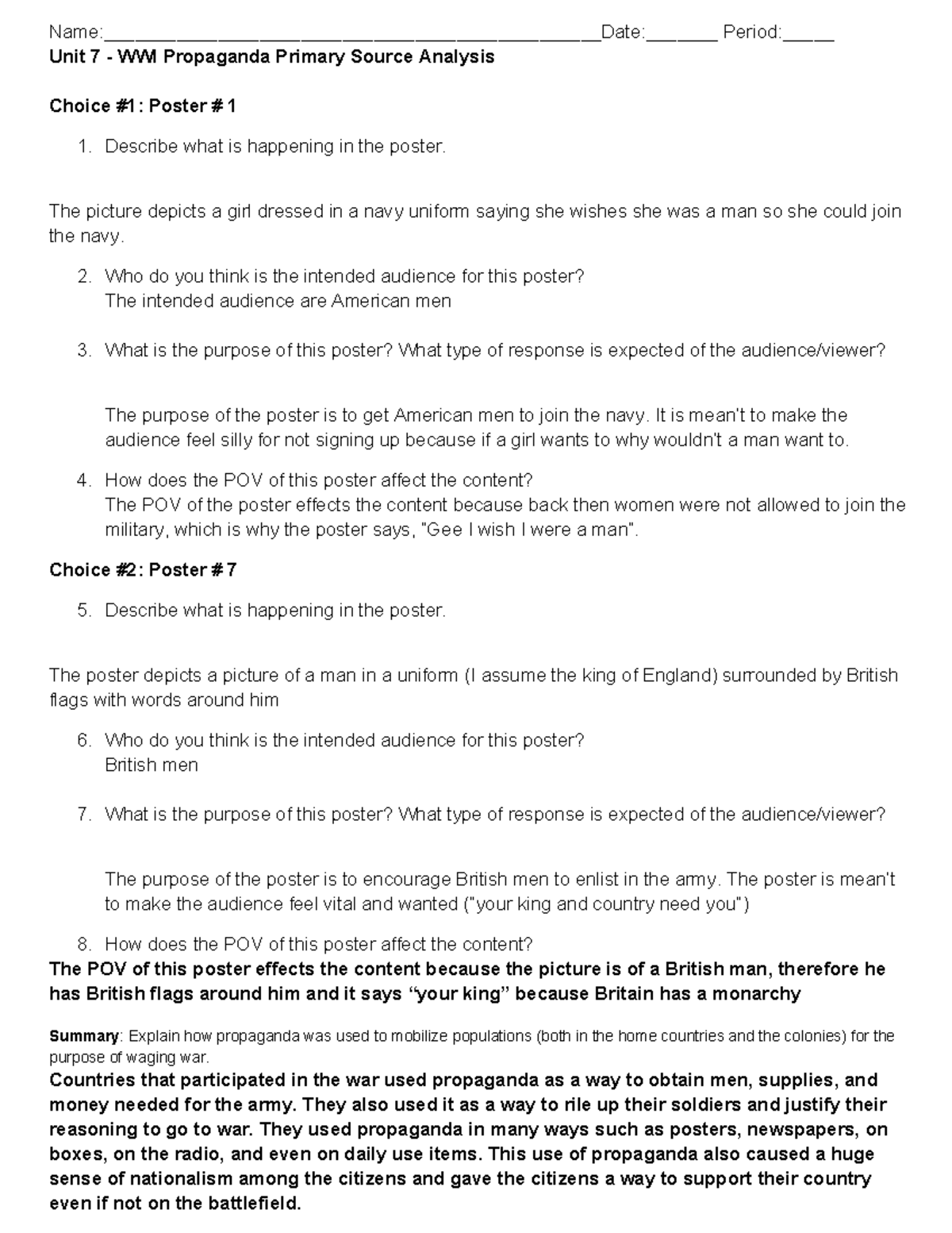 Unit 7 - WWI Propaganda Analysis - Name ...