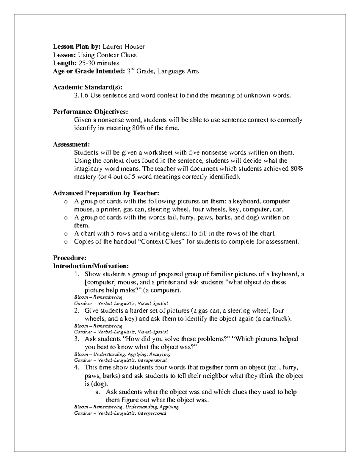 Context clues lesson plan - Lesson Plan by: Lauren Houser Lesson: Using ...