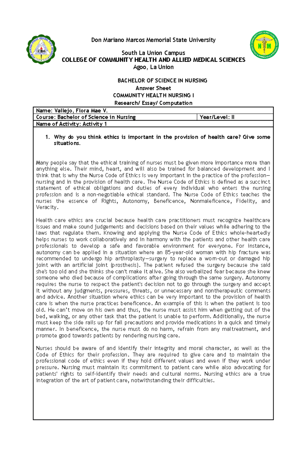 Community Health Nursing 1- Module 3 Activities - South La Union Campus ...