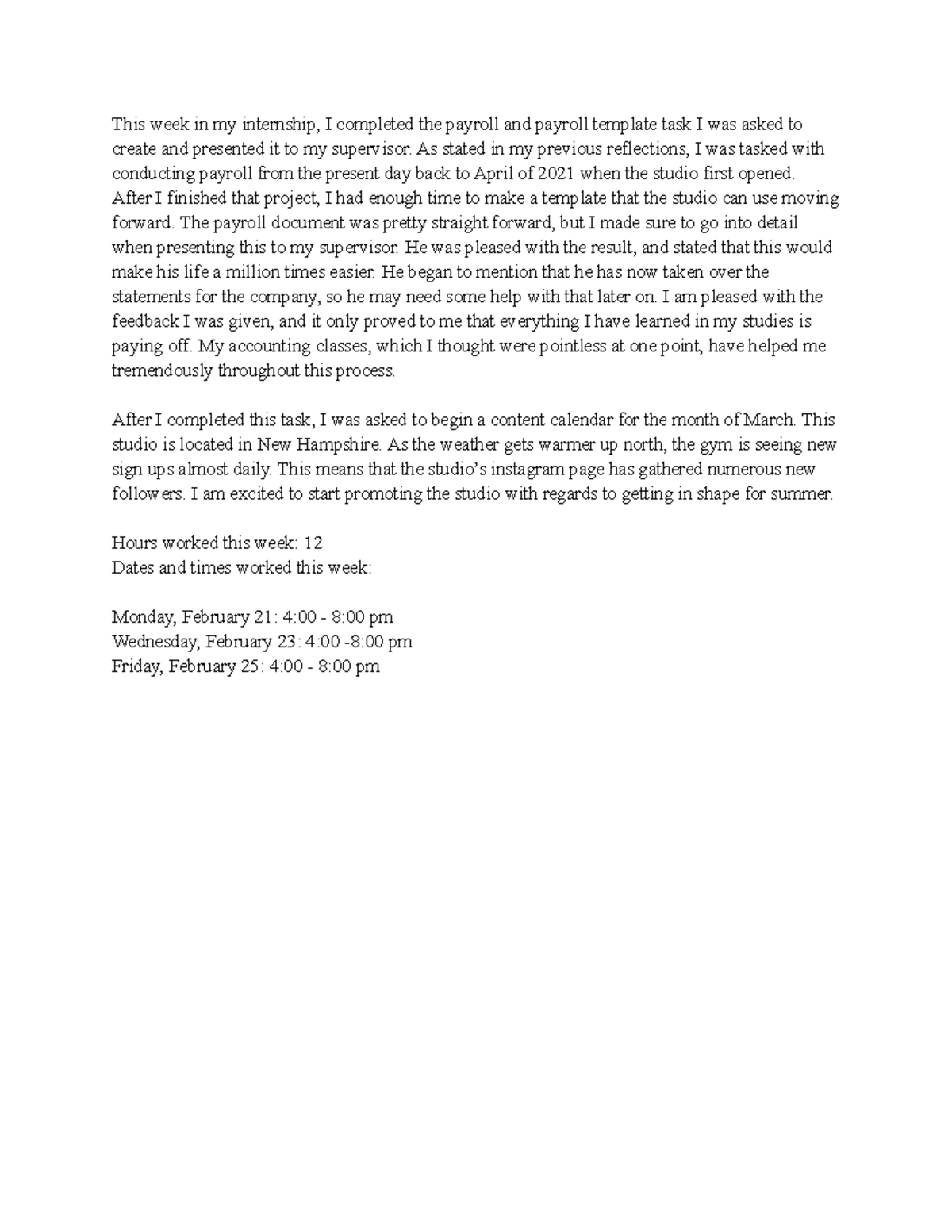 Weekly Reflection 6 - This week in my internship, I completed the ...