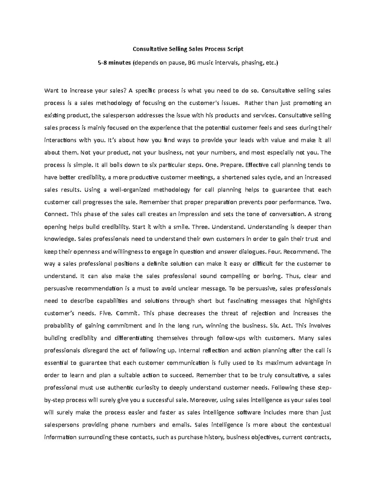 Consultative Selling Sales Script - Consultaive Selling Sales Process 