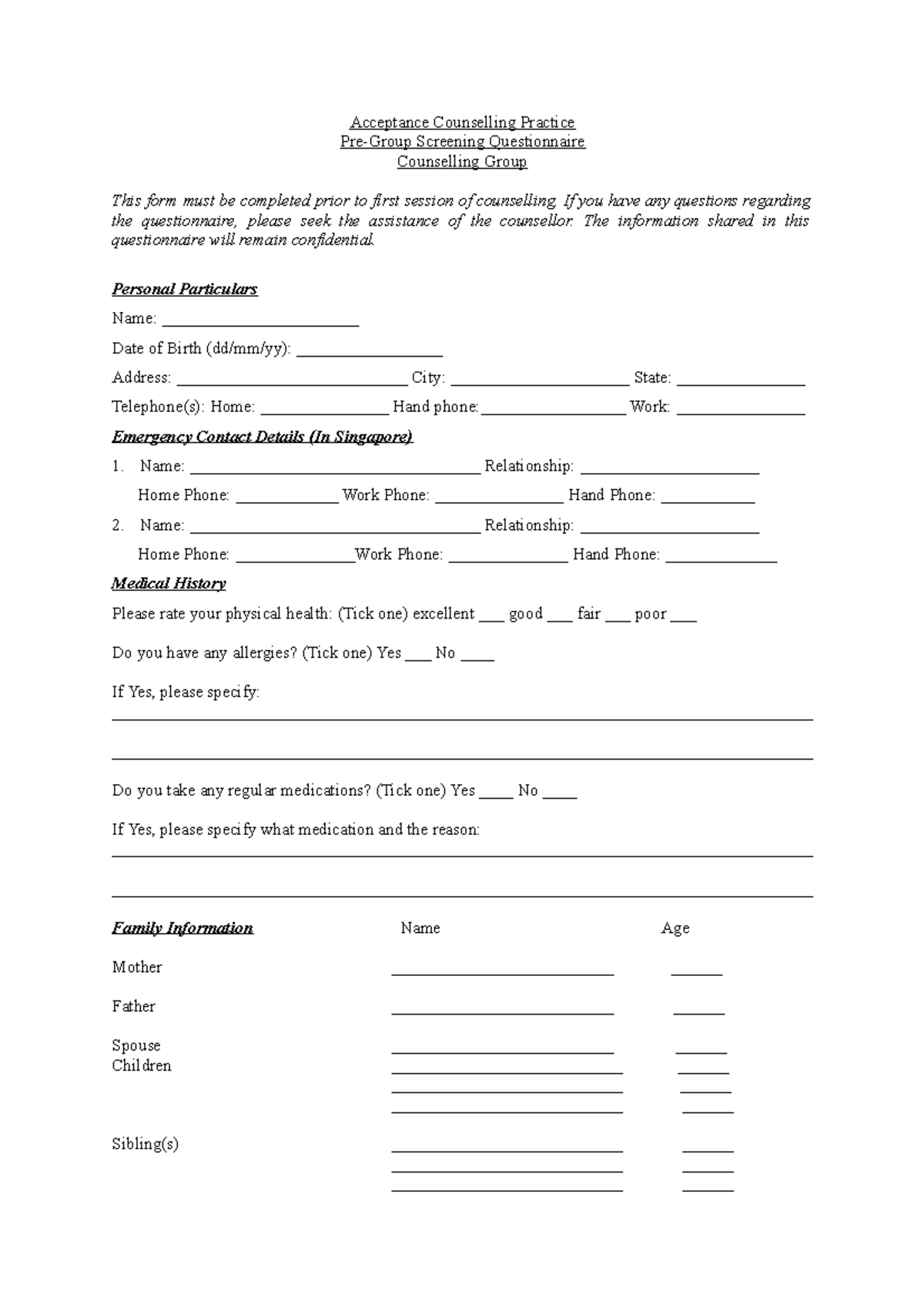 Screening questionnaire 206 - Acceptance Counselling Practice Screening ...