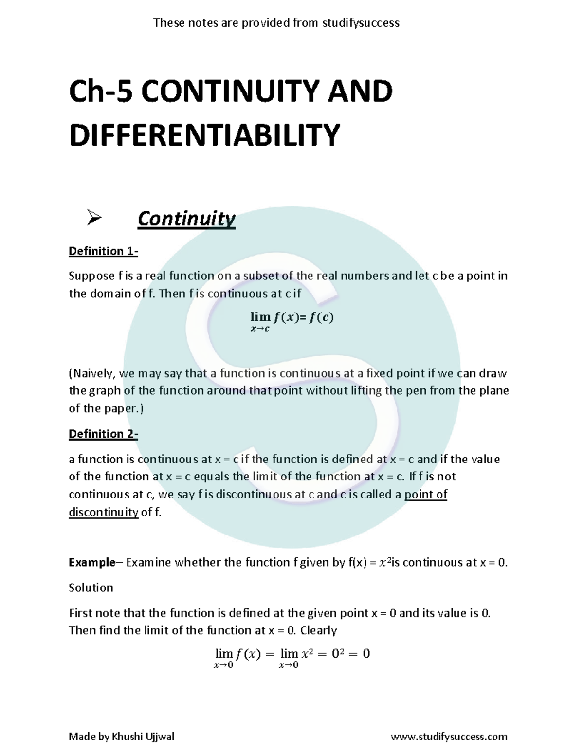 Class 12 maths ch-5 notes - Ch-5 CONTINUITY AND DIFFERENTIABILITY ...